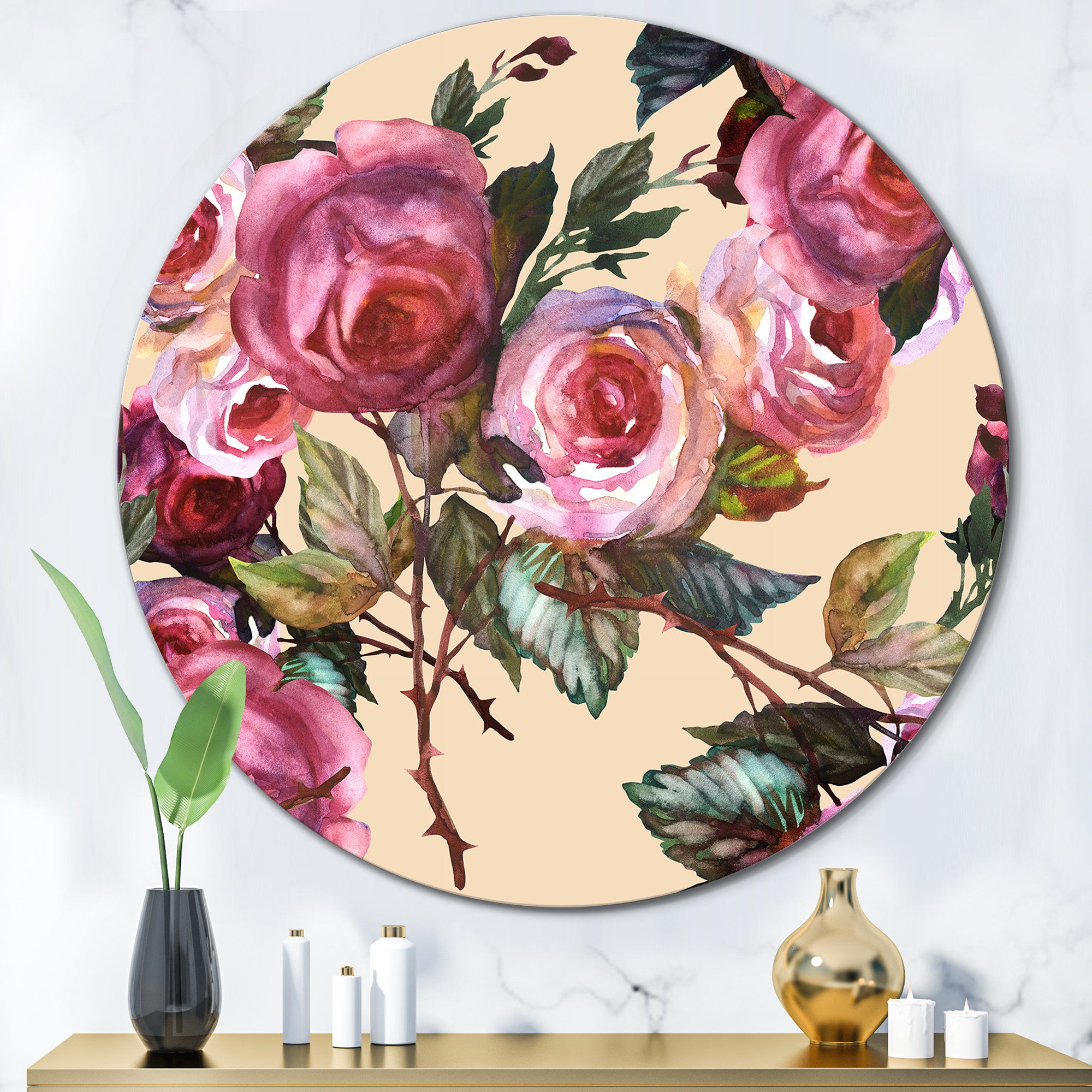 Rosdorf Park Pink Vintage Roses On Yellow - Patterned Metal Circle Wall ...