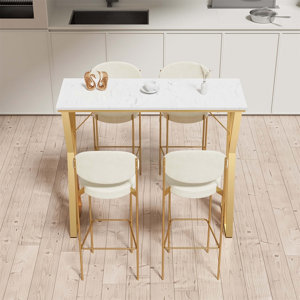 Mercer41 47" Modern White Bar Table, Golden Double Pedestal | Wayfair