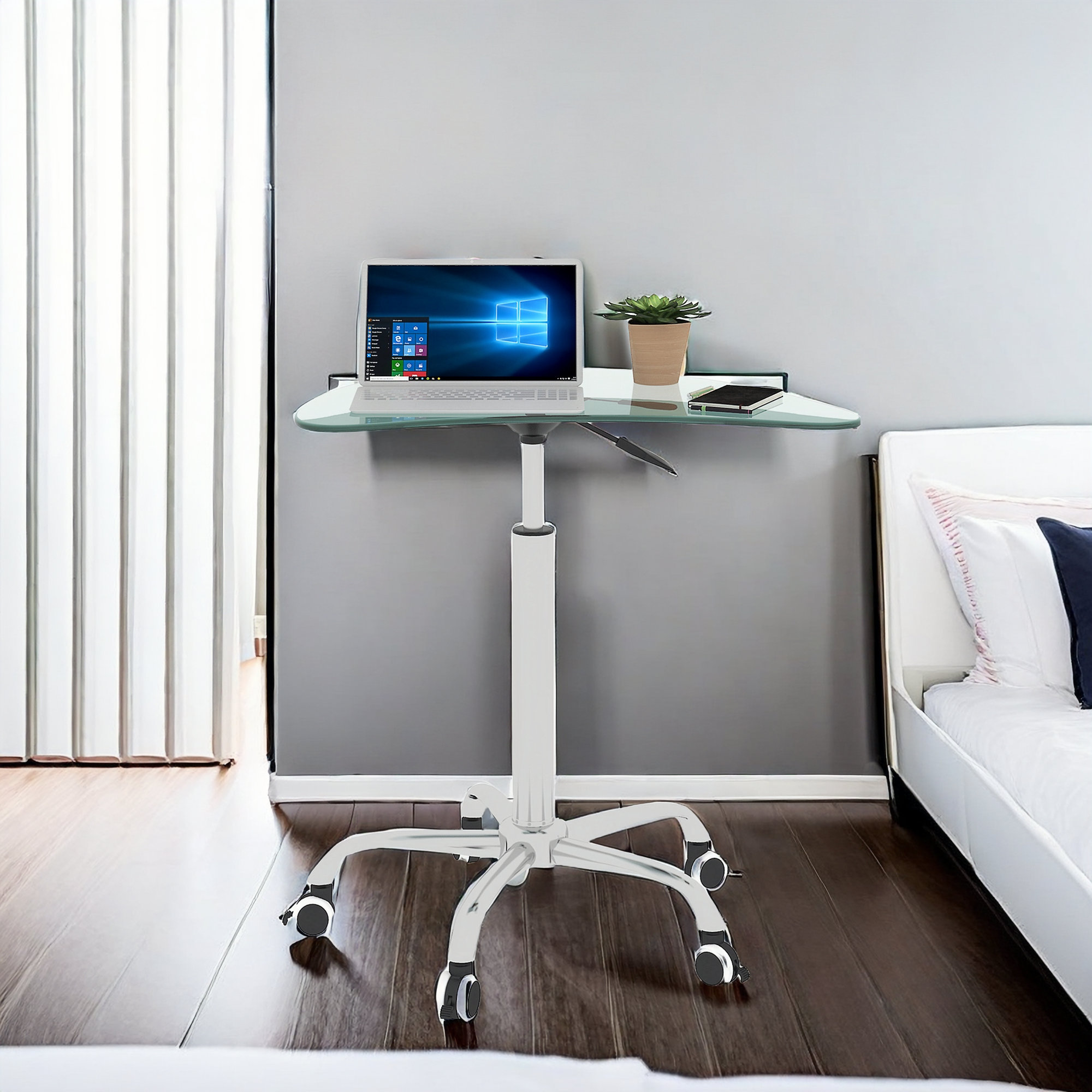 Inbox Zero Adjustable Height Black Tempered Glass Table Desk Table With ...