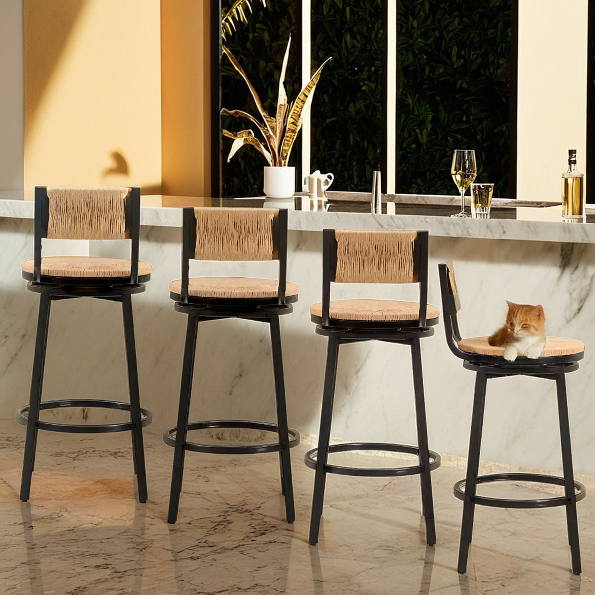 Hokku Designs Farmhouse Swivel Paper Rope Bar Stools with Metal Frame ...