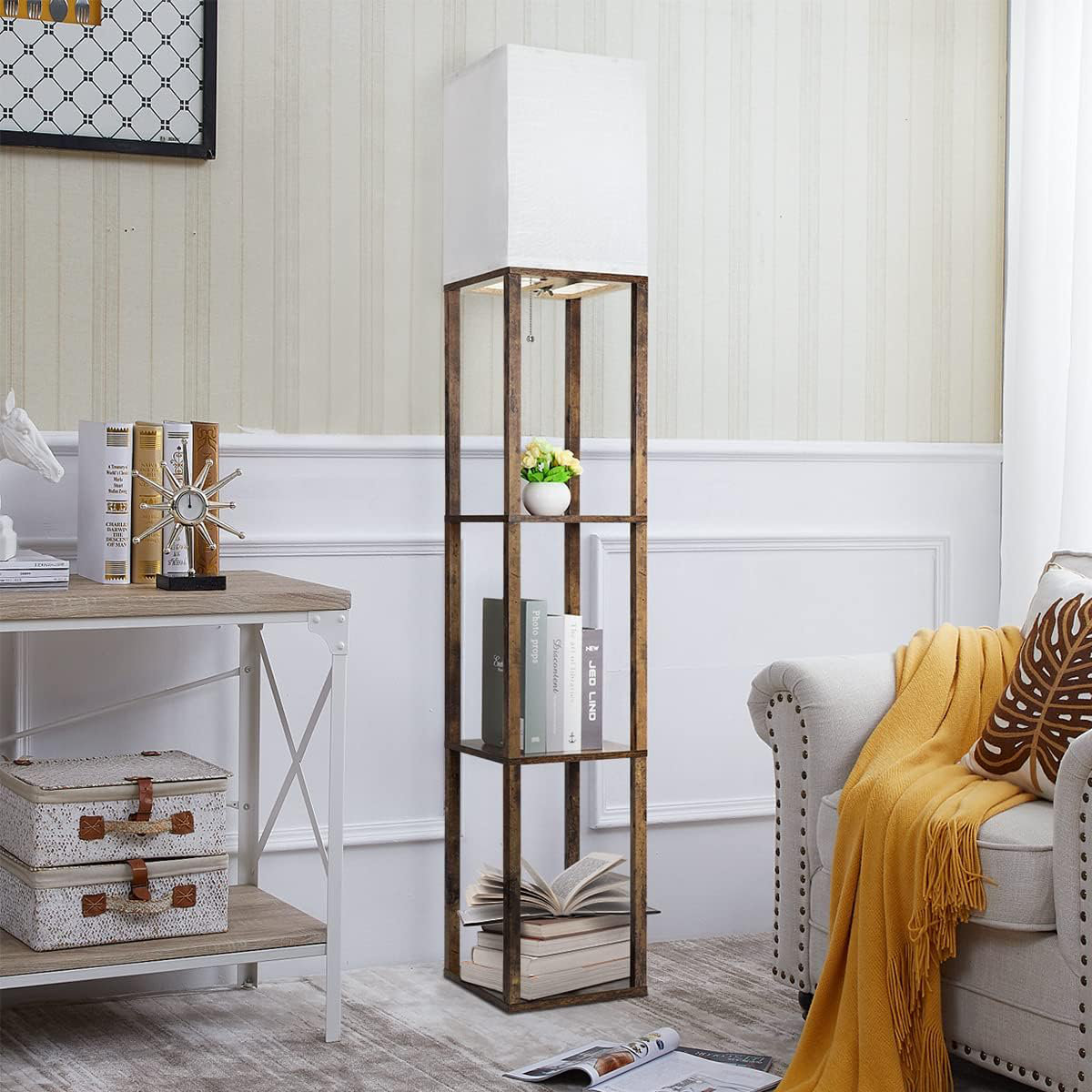 Latitude Run® Wood Texture Floor Lamp With Shelves, 3 Color ...