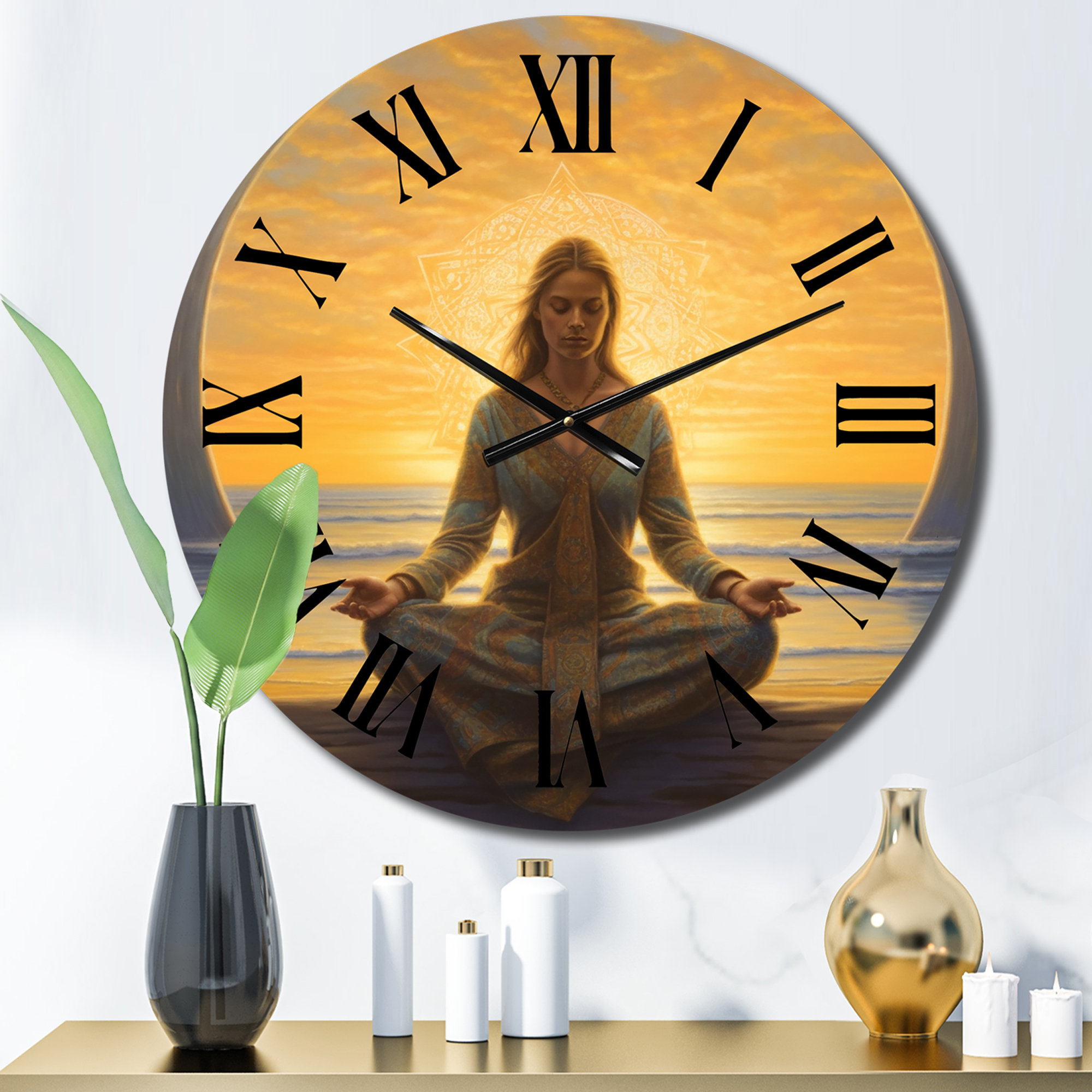 Design Art Mindfulness Gracious Woman Sunset Meditation Metal Wall ...