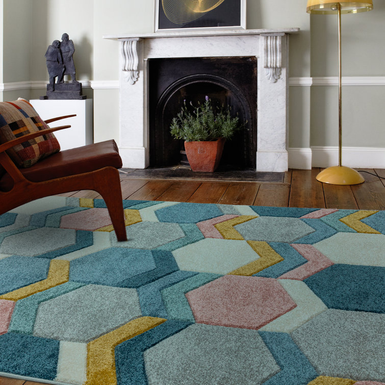 Ebern Designs Sanjuan Hexagon Blue/Pink/Yellow Rug | Wayfair.co.uk