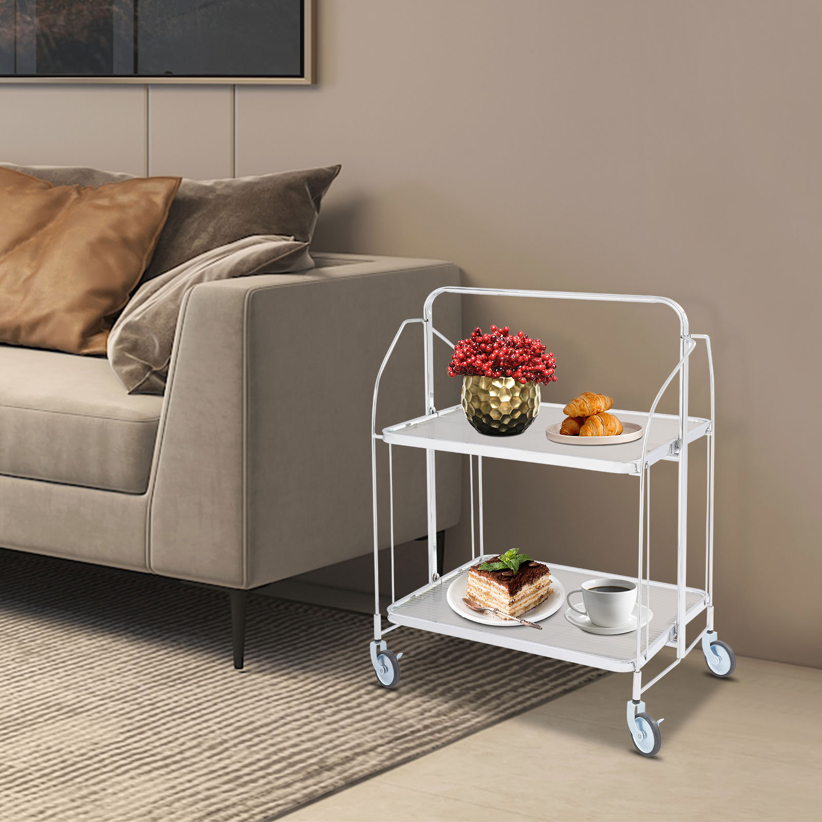 Ebern Designs 2-Tier Rolling Cart Foldable Kitchen Cart, 2-Tier Rolling ...