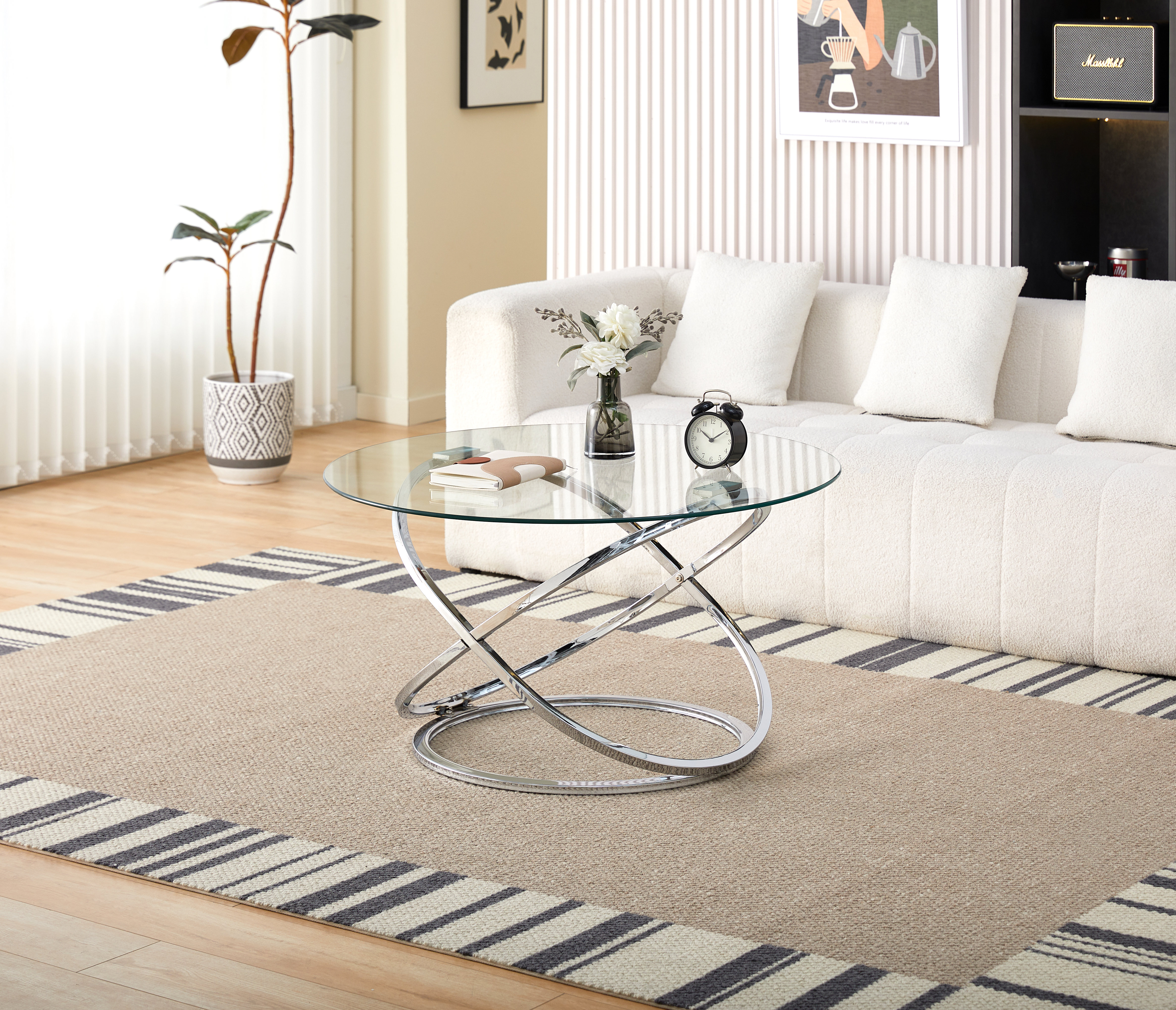 Metro Lane Round Abstract Tempered Glass Coffee Table Chrome Effect ...
