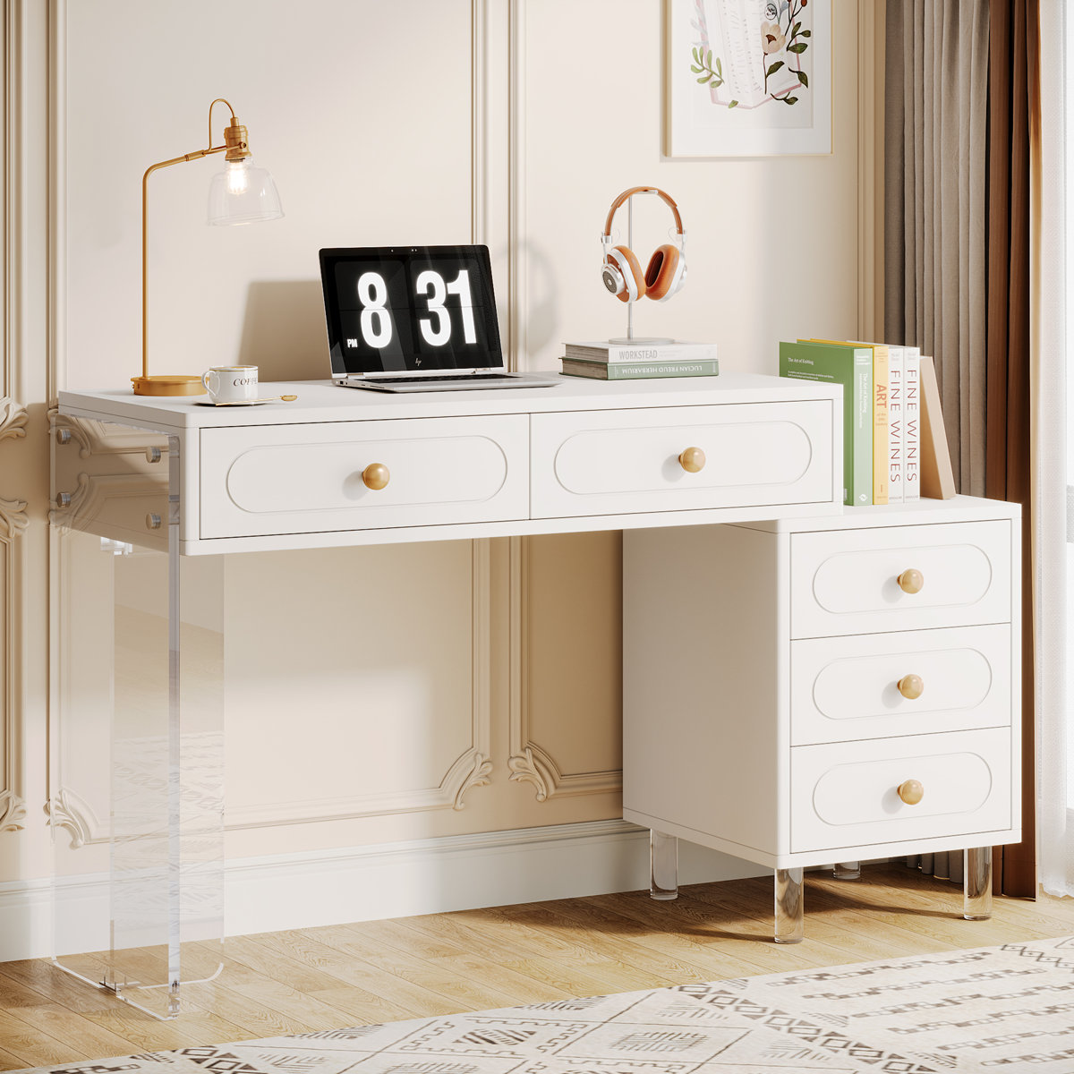 Wrought Studio™ Modern White Acrylic Computer Desk with 5 Drawers for ...