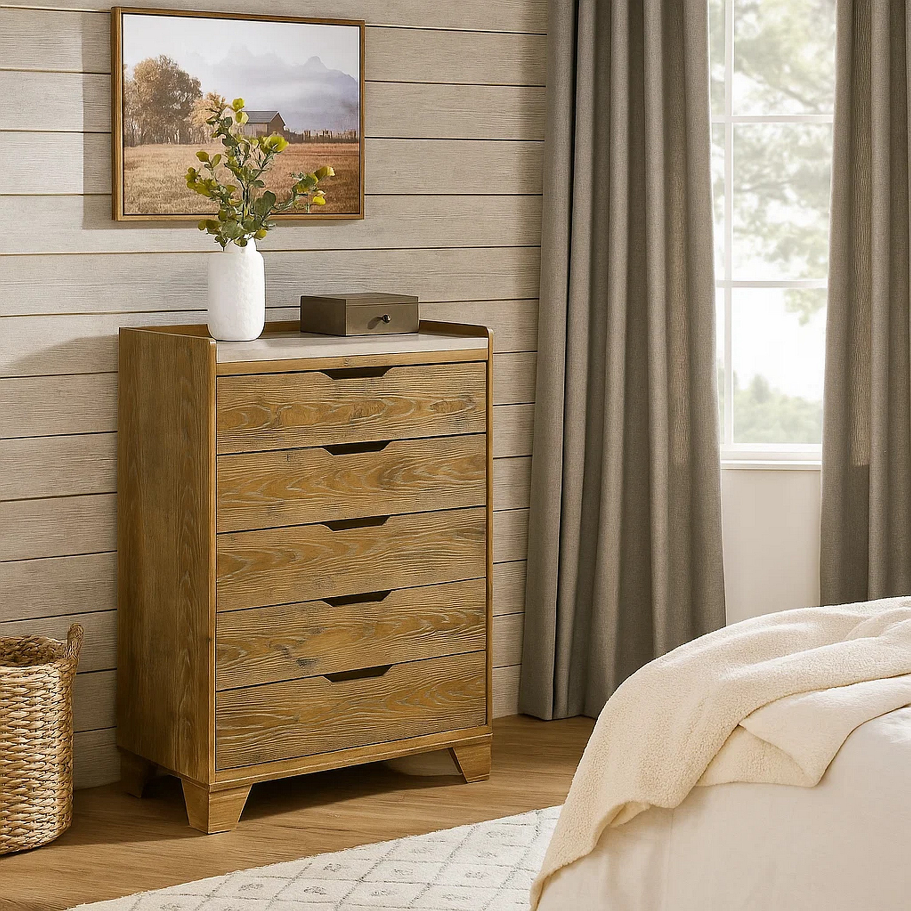 Benjara Gary Tall Dresser Chest, 5 Drawer Cutout Handles, Farmhouse ...