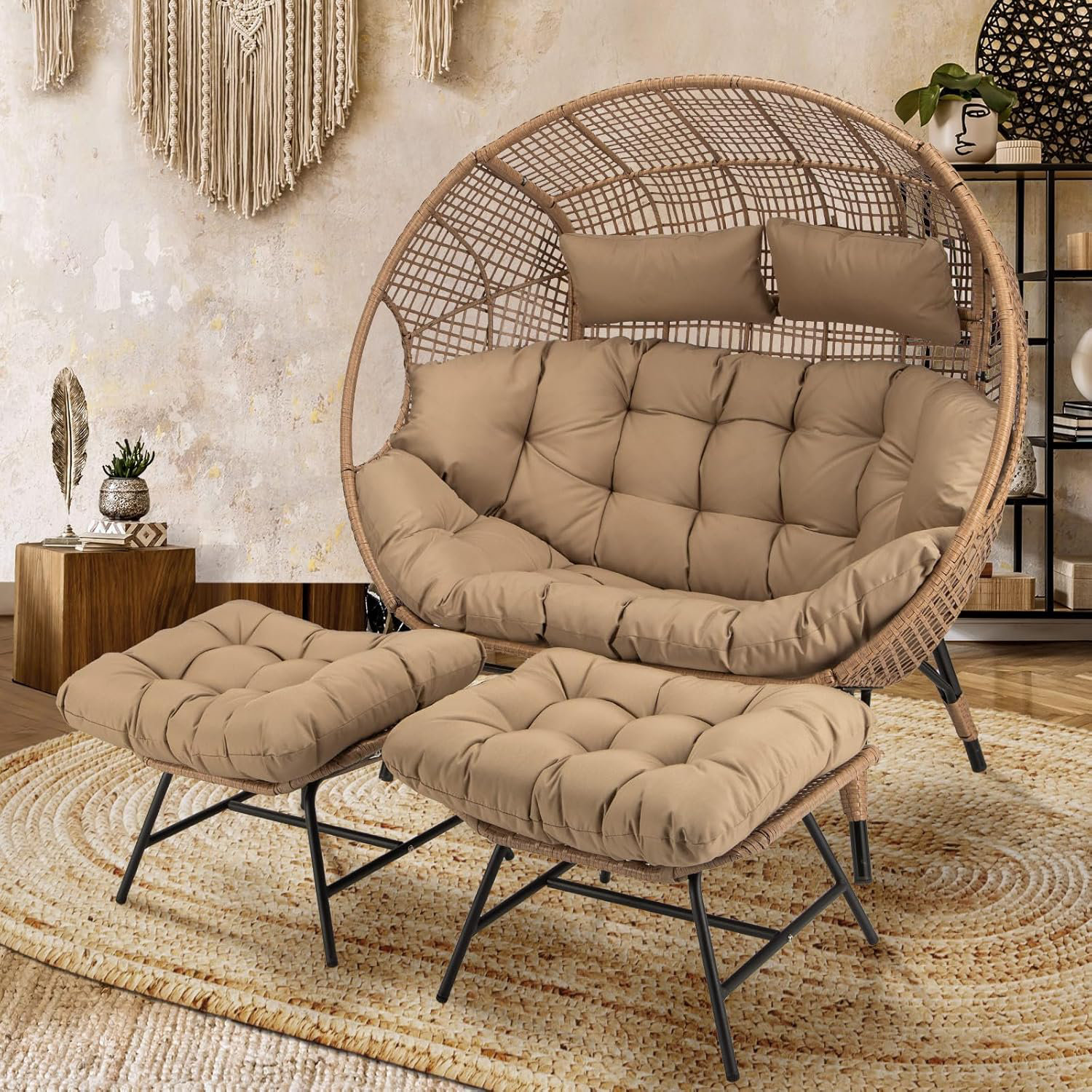 Arlmont & Co. 2 Person Egg Chair Indoor Outdoor Stationary Wicker Large ...