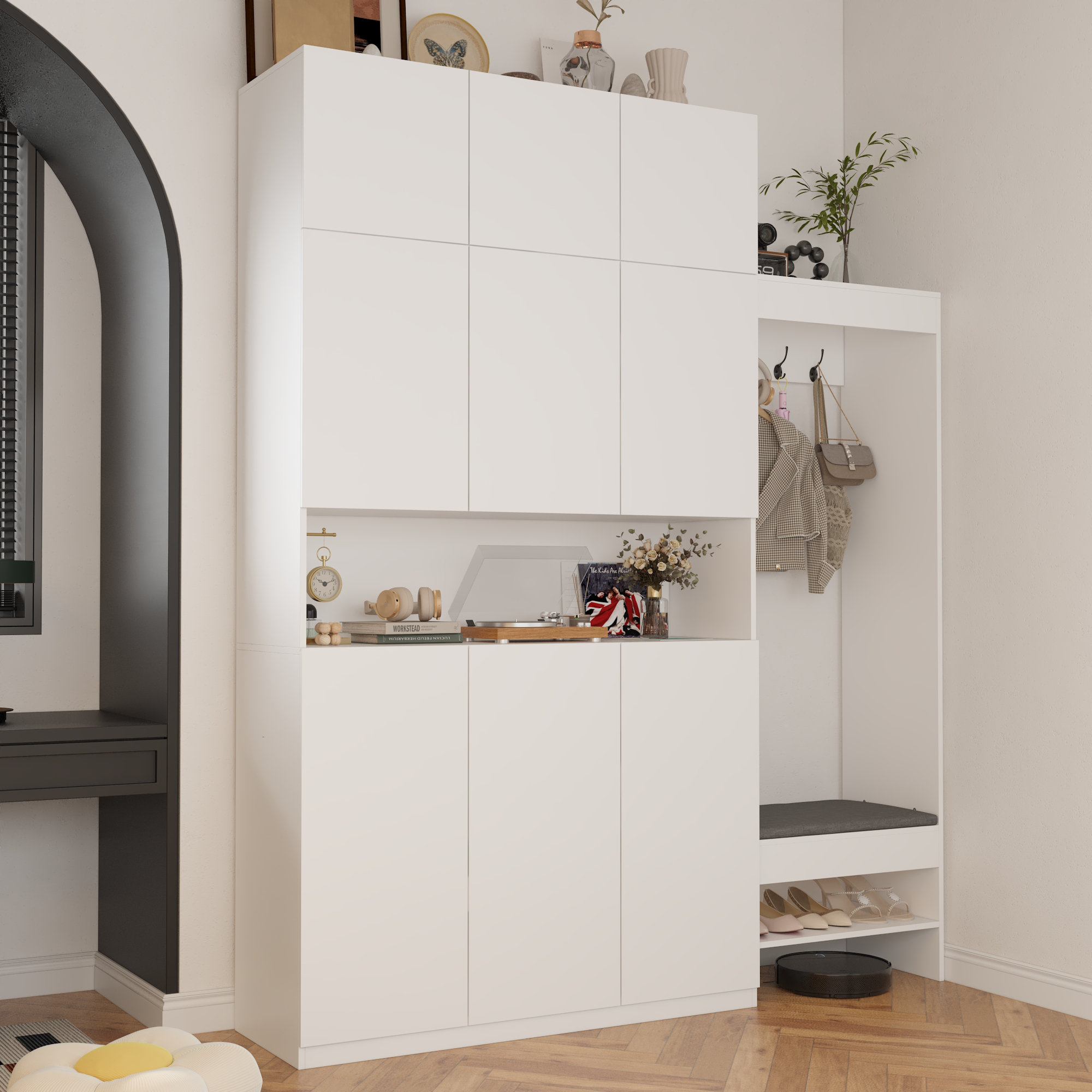 Latitude Run® 9-Door Wardrobe With Comfortable Bench And Metal Hooks ...