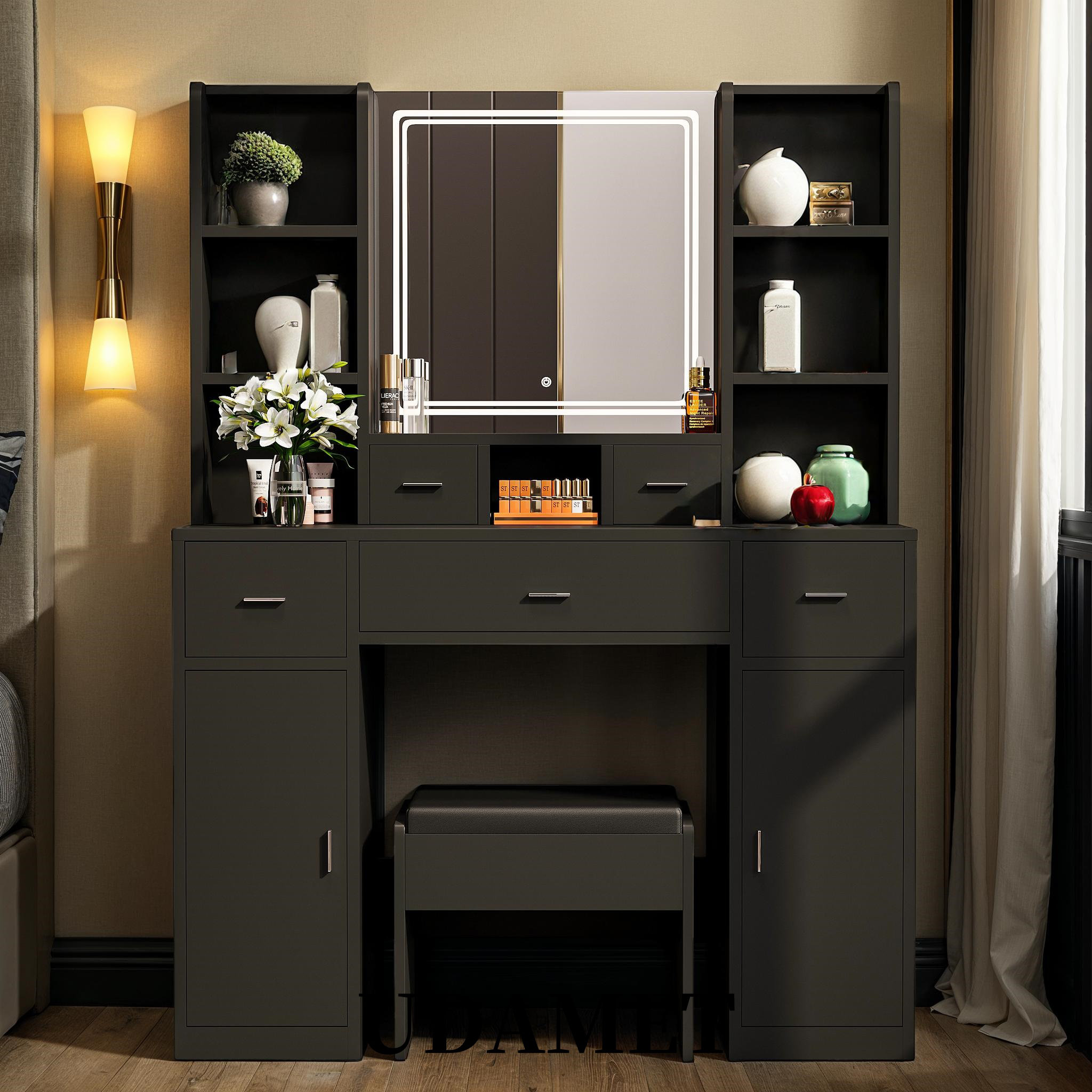 UDAMET Antique Dressing Table, LED Mirror, 5 Drawers, 2 Cabinets, USB ...