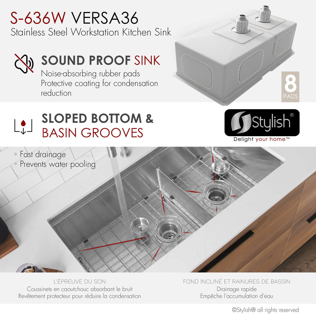 Stylish Versa Undermount 36'' Stainless Steel Double-Bowl Kitchen Sink ...