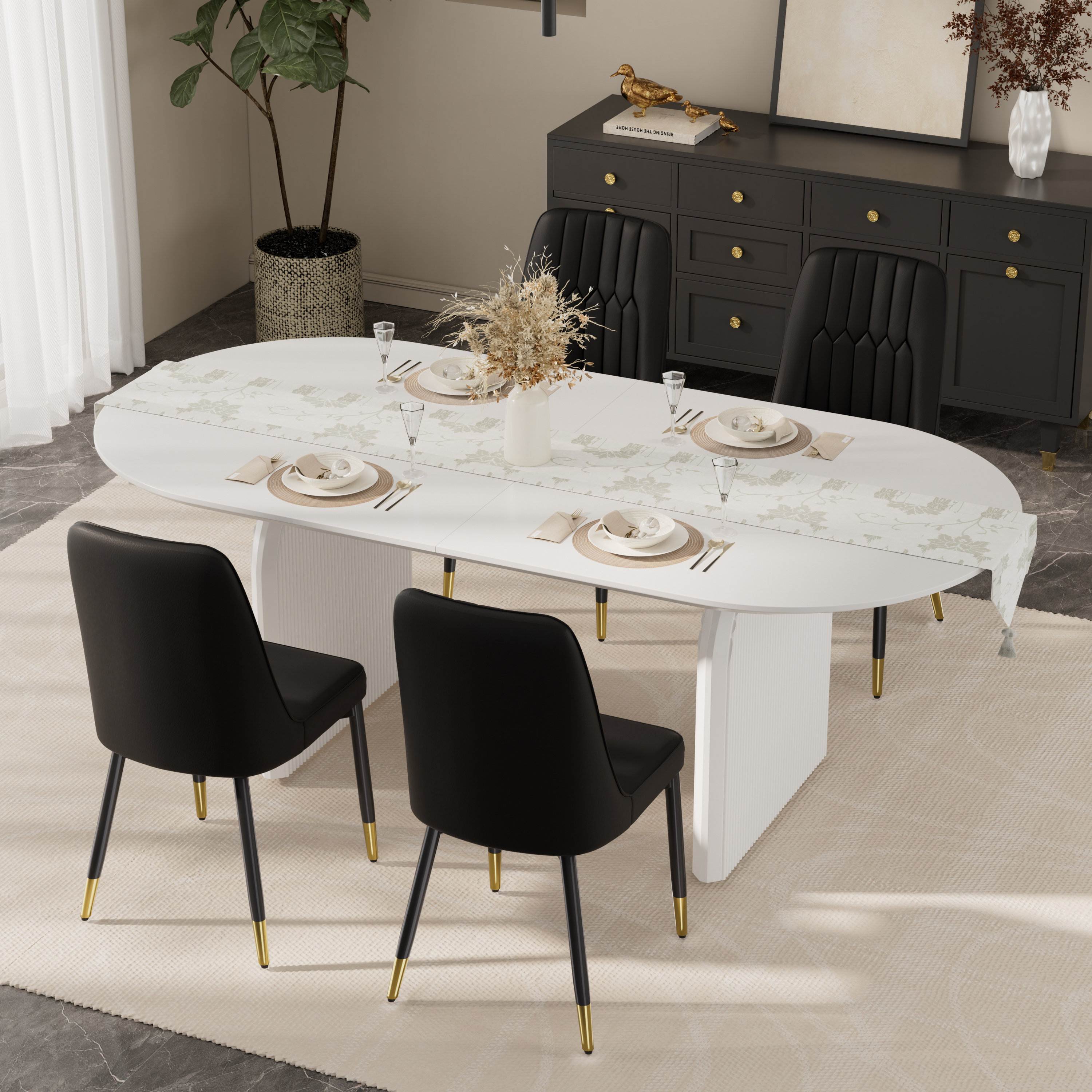 House of Hampton Modern Rectangular Dining Table Set with Faux Lether ...