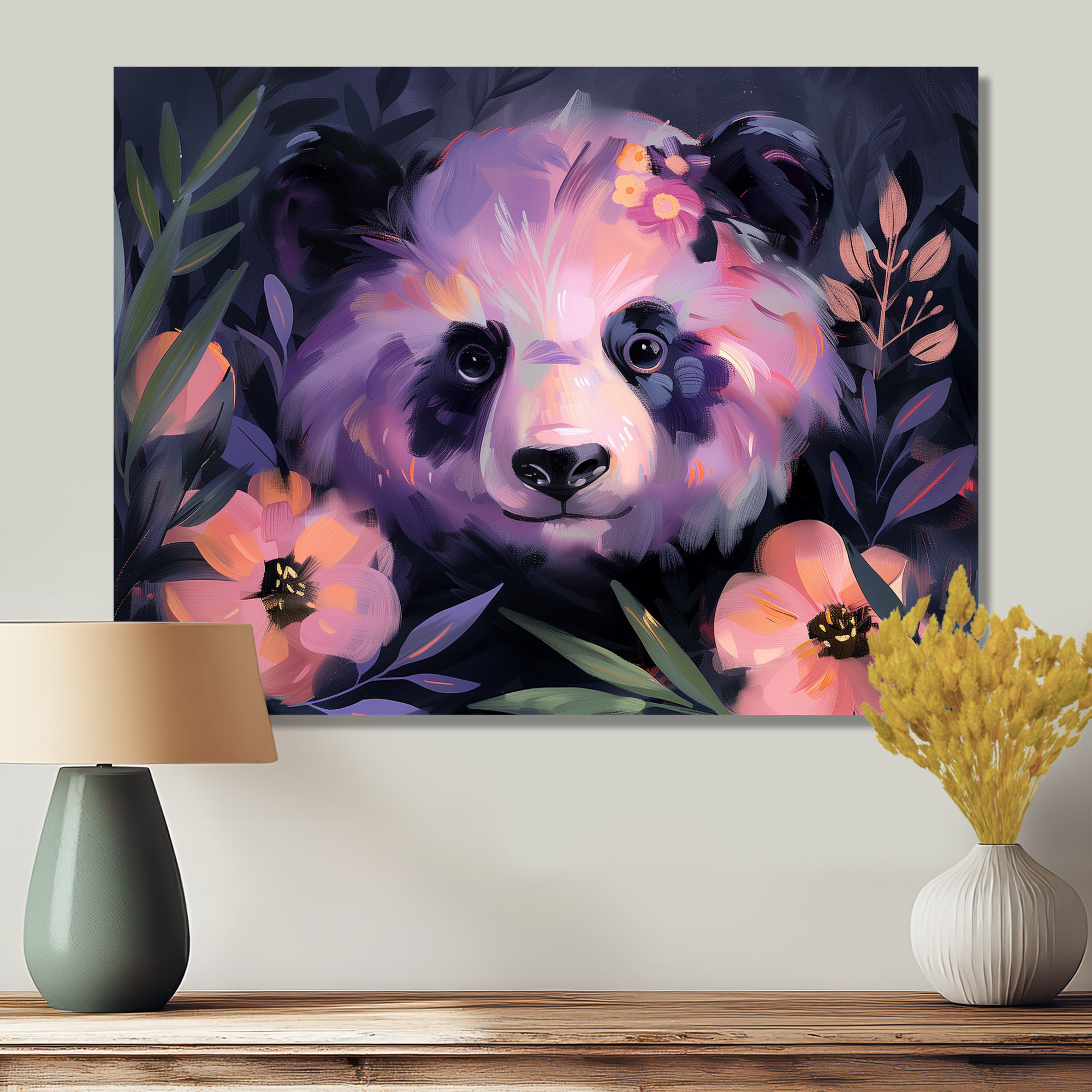 Design Art White Purple Panda Jungle Blooms II - Panda Animal Wall Art ...