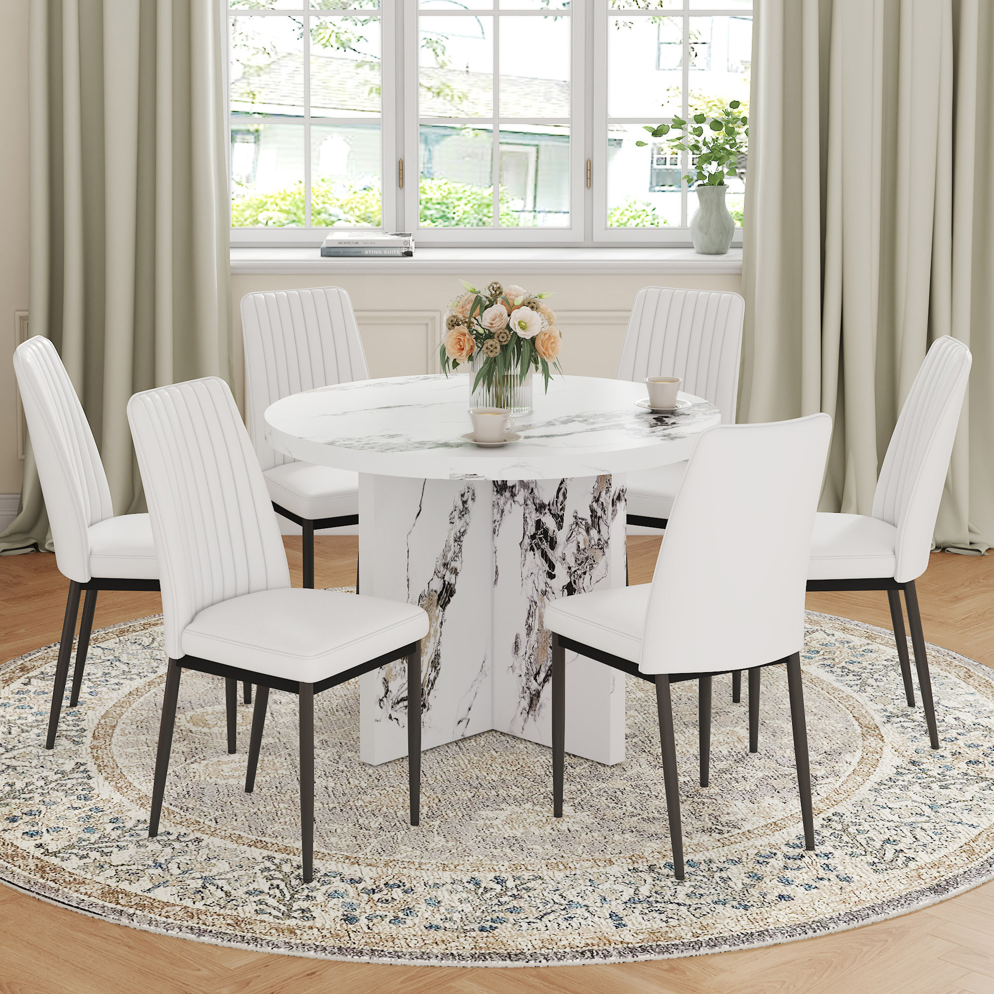 Ivy Bronx 7 Piece Round Dining Table Set, Modern Round Table And 6 ...