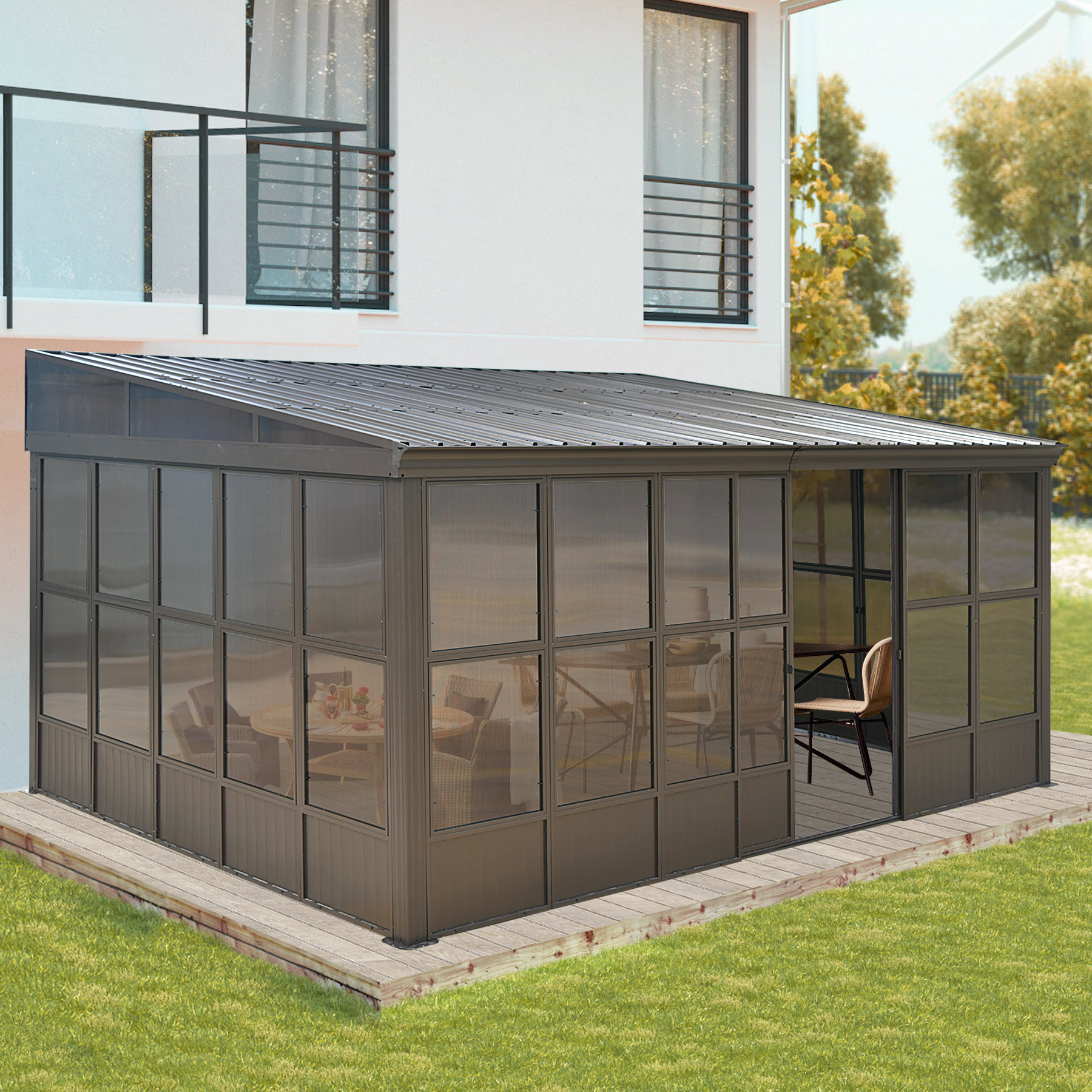 Domi Louvered 16 Ft. W x 12 Ft. D Aluminum Patio Gazebo Wall-Mounted ...