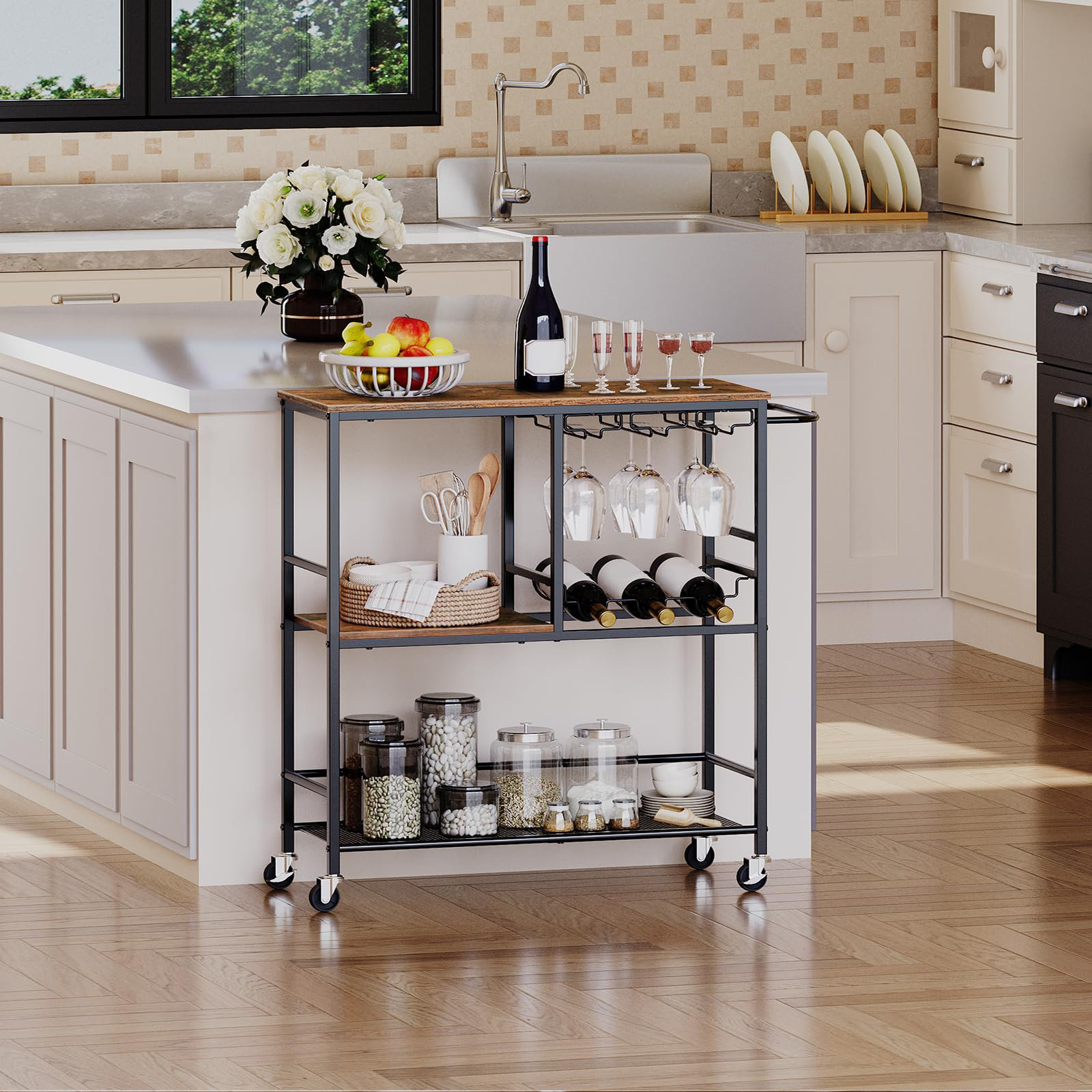 17 Stories Three Tier Bar Serving Cart With Wheels, Rolling Kitchen ...