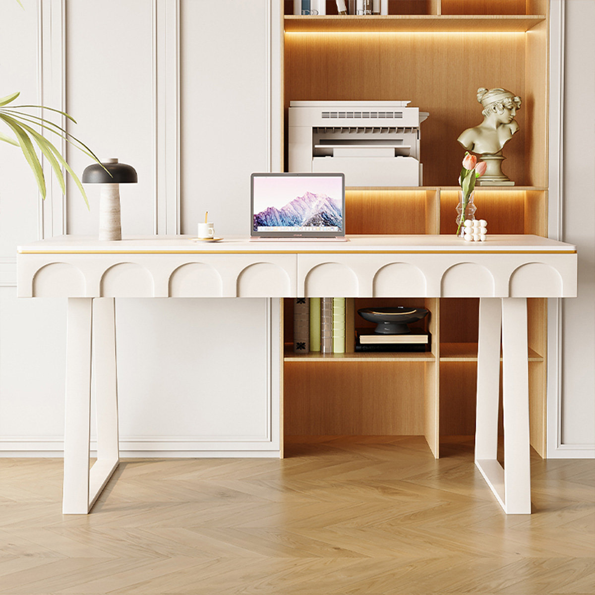 Hokku Designs White Rectangular Sintered Stone + Carbon Steel desks ...