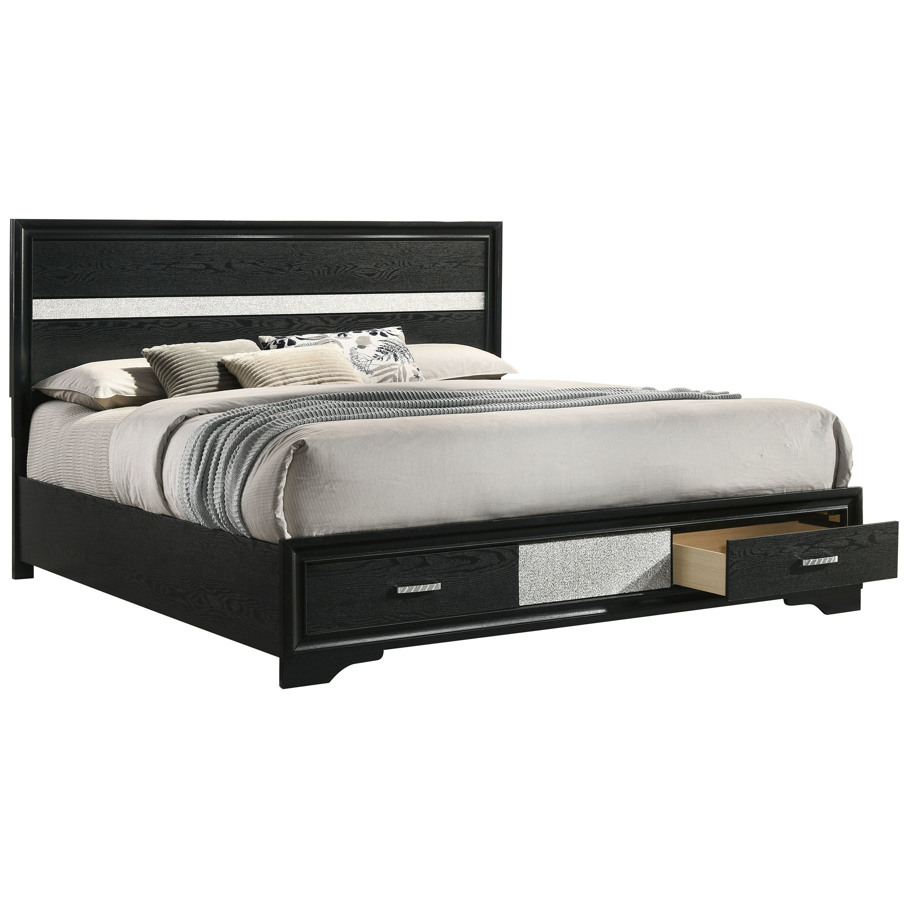 Mercer41 Contemporary King Bed With 2 Drawers, Glittering Stripes ...