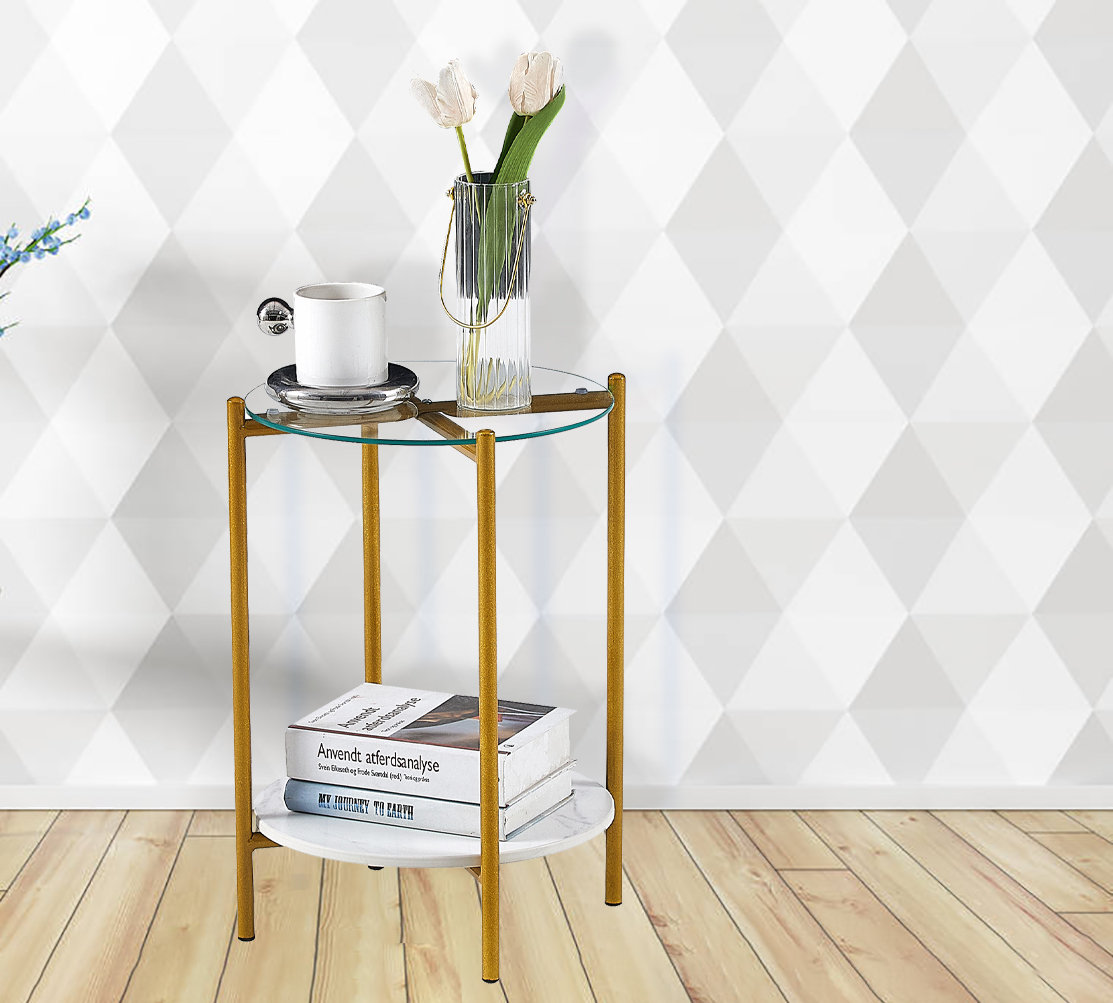 Mercer41 2-Layer End Table With Tempered Glass/Marble Tabletop - Round ...