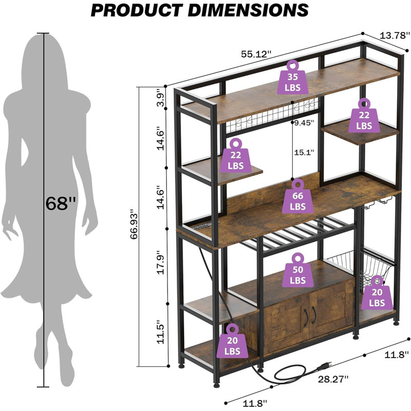 Ivy Bronx Bakers Rack With Power Outlet And Led Light, Farmhouse Coffee ...