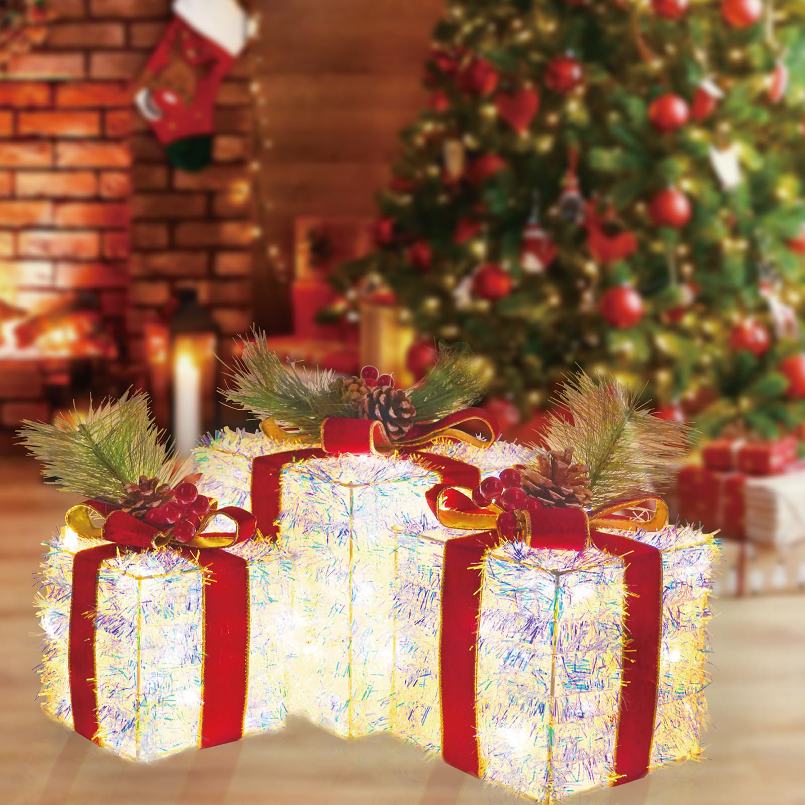 The Holiday Aisle® Set of 3 Christmas Lighted Gift Boxes Plug-in 60 Led ...