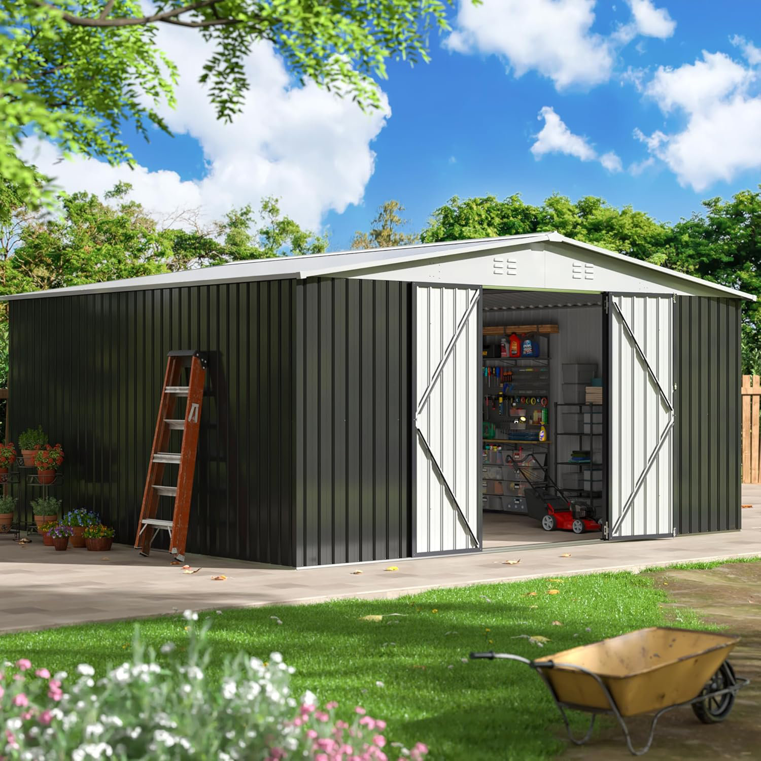 Polar Aurora 14 ft. W x 12 ft. D Outdoor Metal Shed Storage with ...