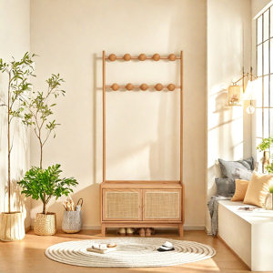 Elegant Home Furnishings.s Solid Oak Hall Tree with Rattan Design | Wayfair