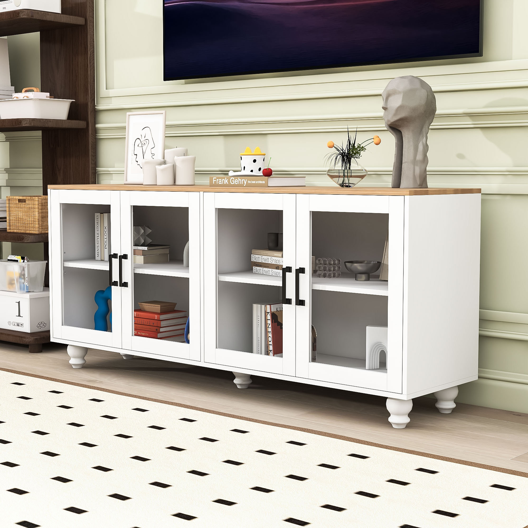 Mercer41 Elegant Multi-Functional TV Stand with Glass Doors, Adjustable ...