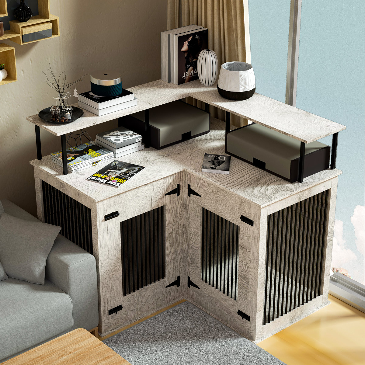 Tucker Murphy Pet™ Large Corner Dog Crate Furniture For 2 Dogs With 2 ...