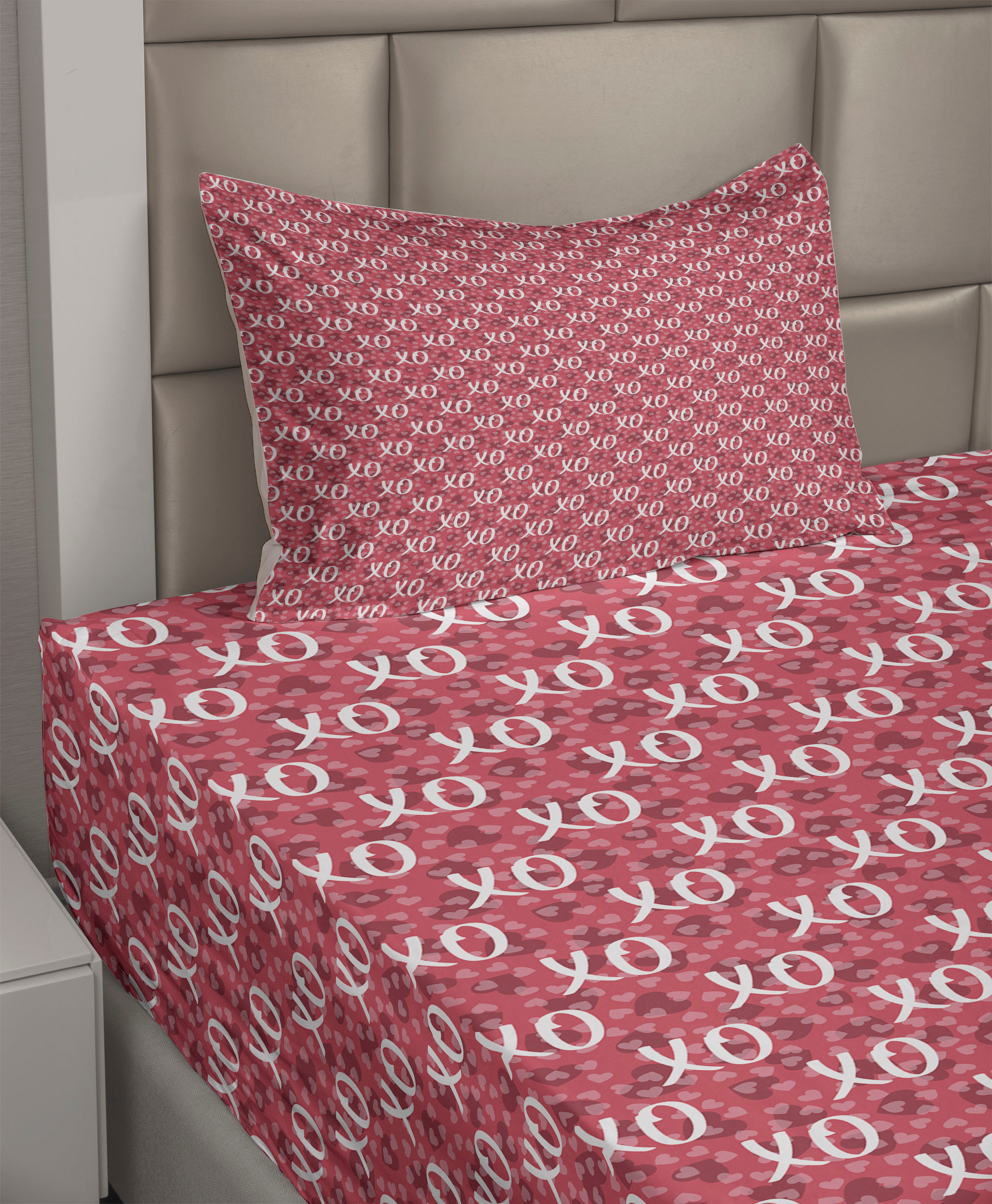 Ambesonne Valentine Sheet Set XOXO Letters Hearts Art Dark Coral and ...