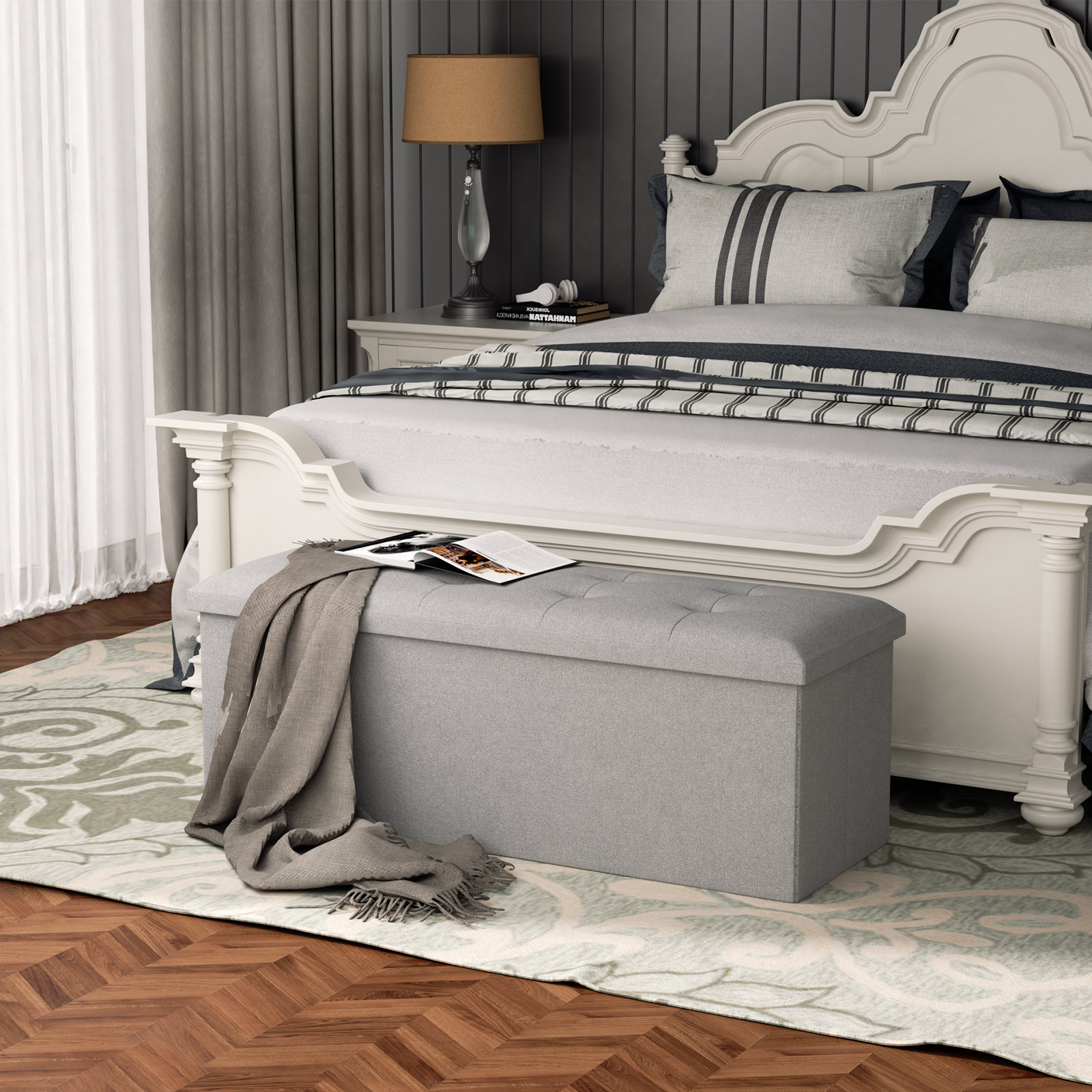 Ebern Designs Ilani Upholstered Folding Storage Ottoman Bench, Button ...