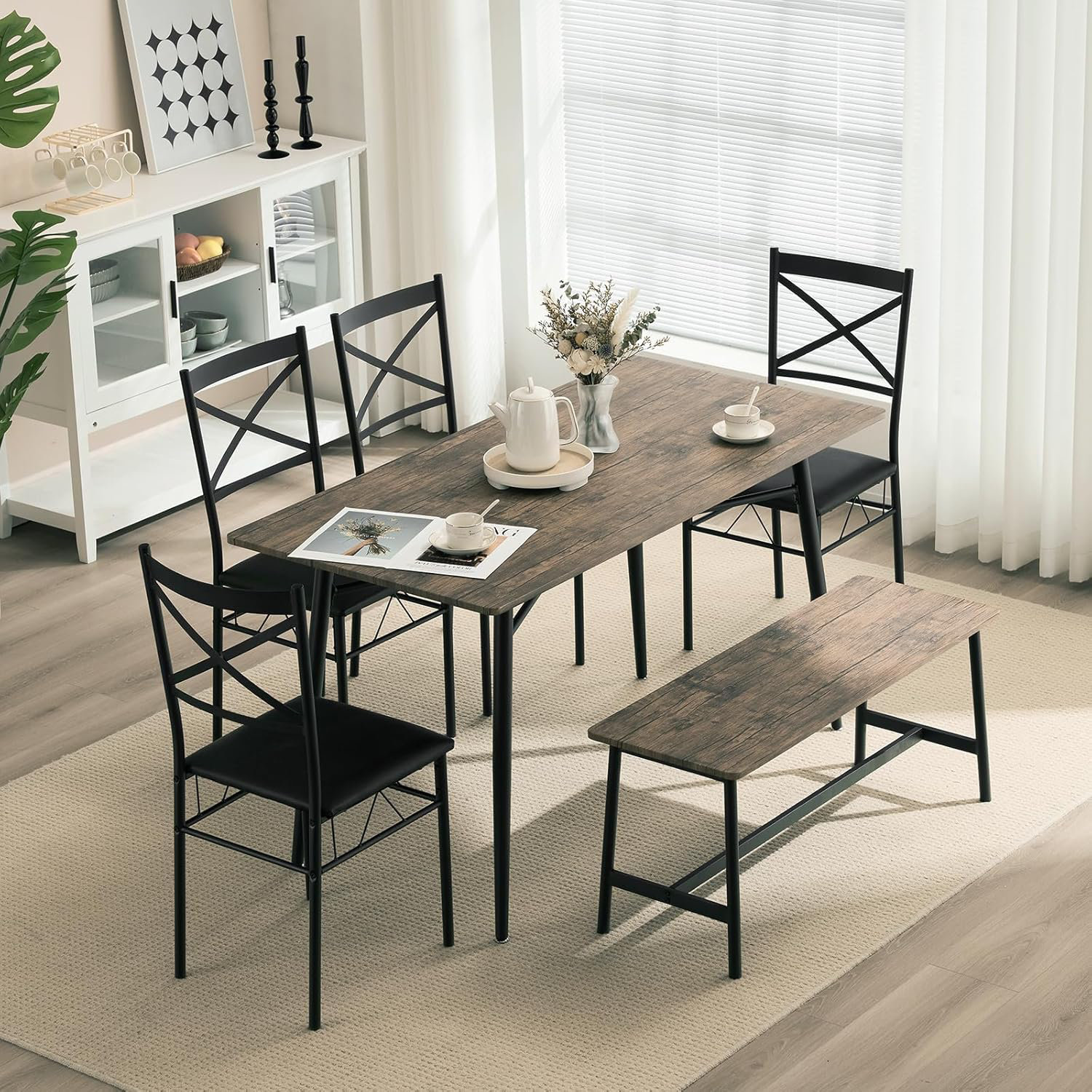 Gracie Oaks Brown Padded Dining Set With 1 Table, 1 Bench, And 4 Chairs ...