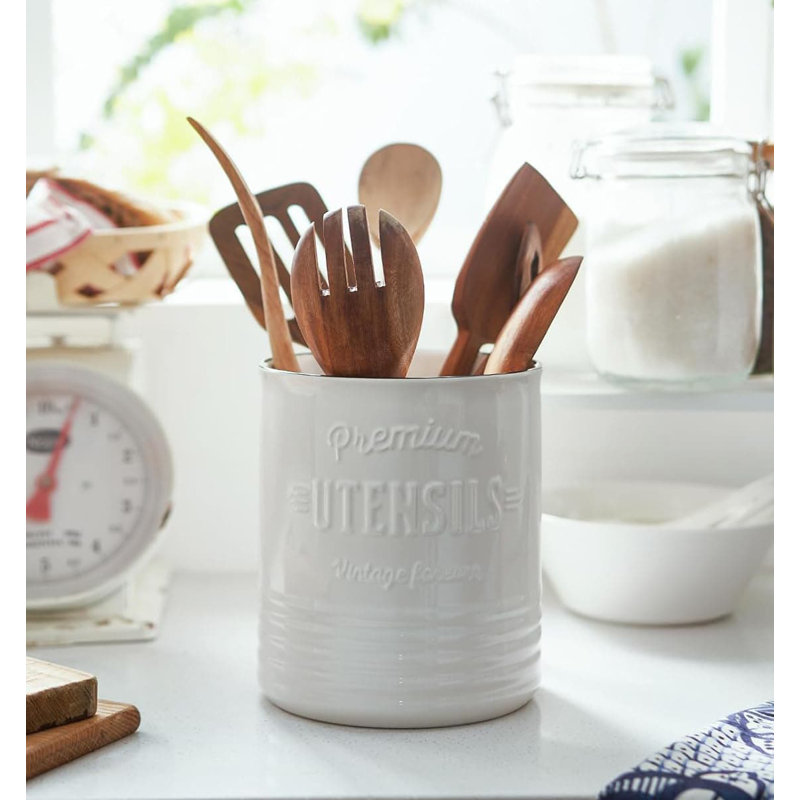 Gracie Oaks White Ceramic 7.2? Oversized Utensil Holder with Cork Mat ...
