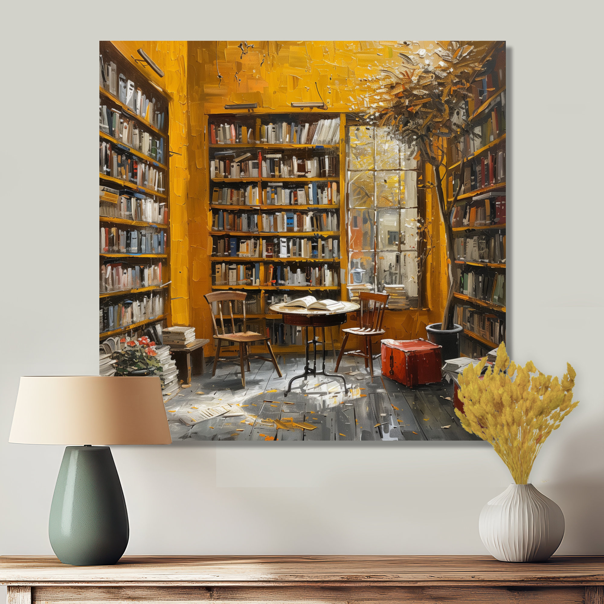 Design Art Yellow Red Rustic Library Bookshelves Charm - Libraries Wall ...