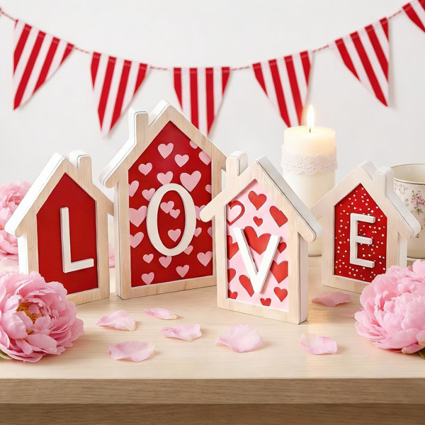 The Holiday Aisle® 3D Wooden House Shape Sign Set Of 4 With LOVE ...