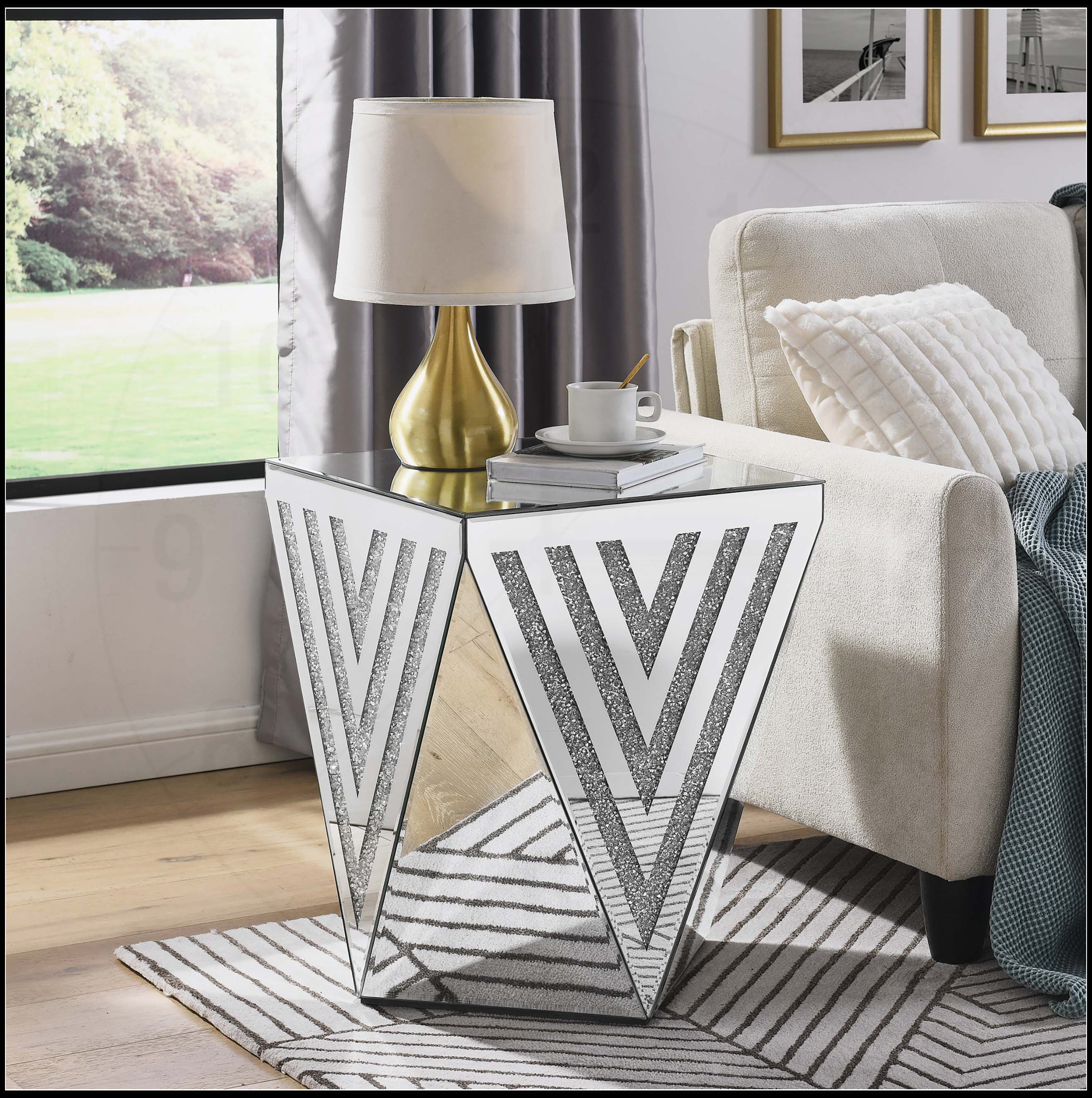 Everly Quinn Gorgeous Silver Mirror Table with Crystal Inlay, Versatile ...