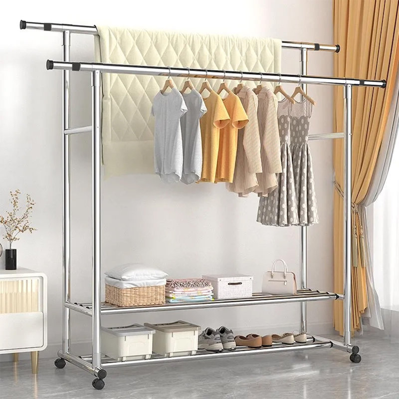 Rebrilliant Double-Bar Clothing Garment Rack with Wheels | Wayfair