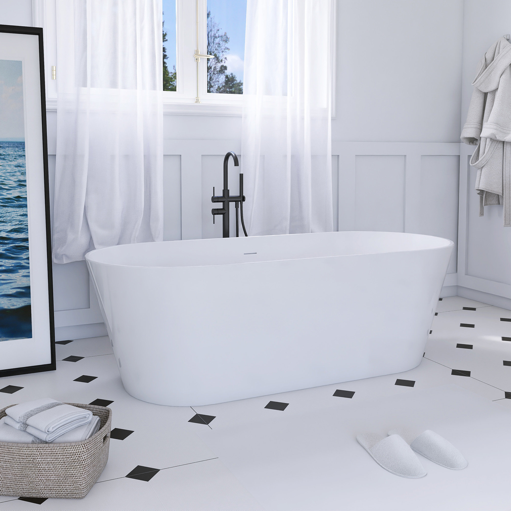 VILAGA Acrylic Freestanding Soaking Bathtub-Dual Ended In Glossy White ...
