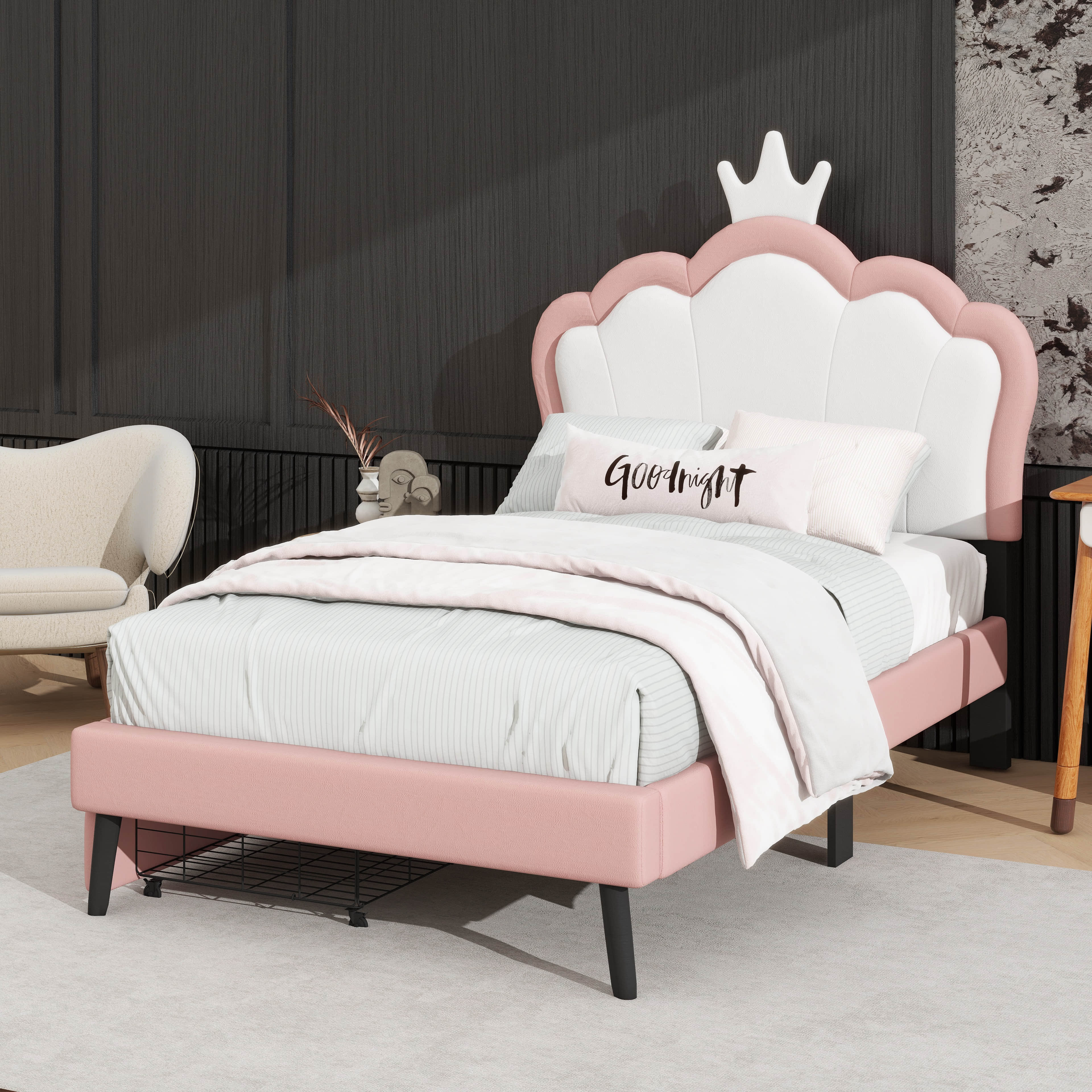 Latitude Run® Adorable Twin Upholstered Princess Bed With Crown ...