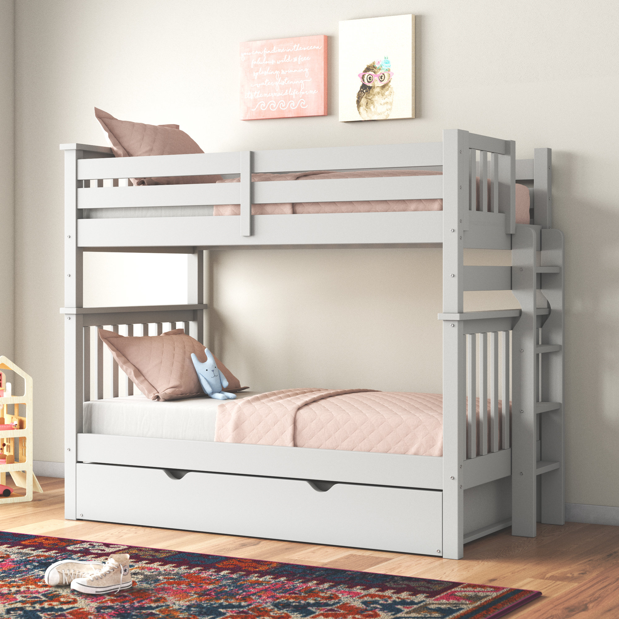 Harriet Bee Treva Solid Wood Standard Twin over Twin Bunk Beds with End ...