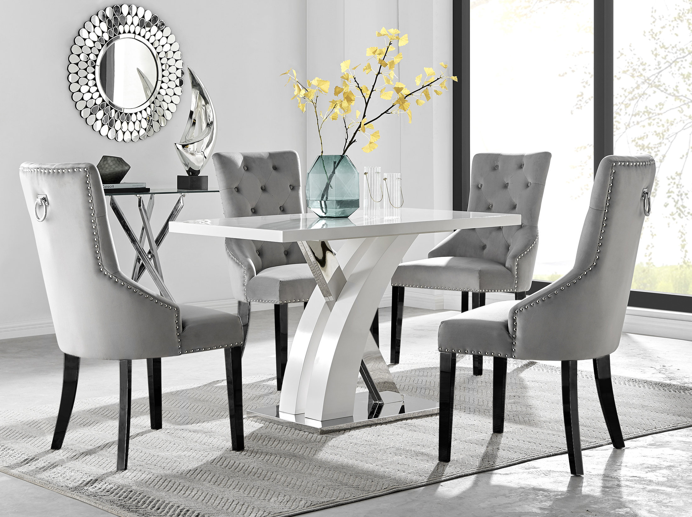 Canora Grey Marietta Chrome Metal & White High Gloss Dining Table Set ...