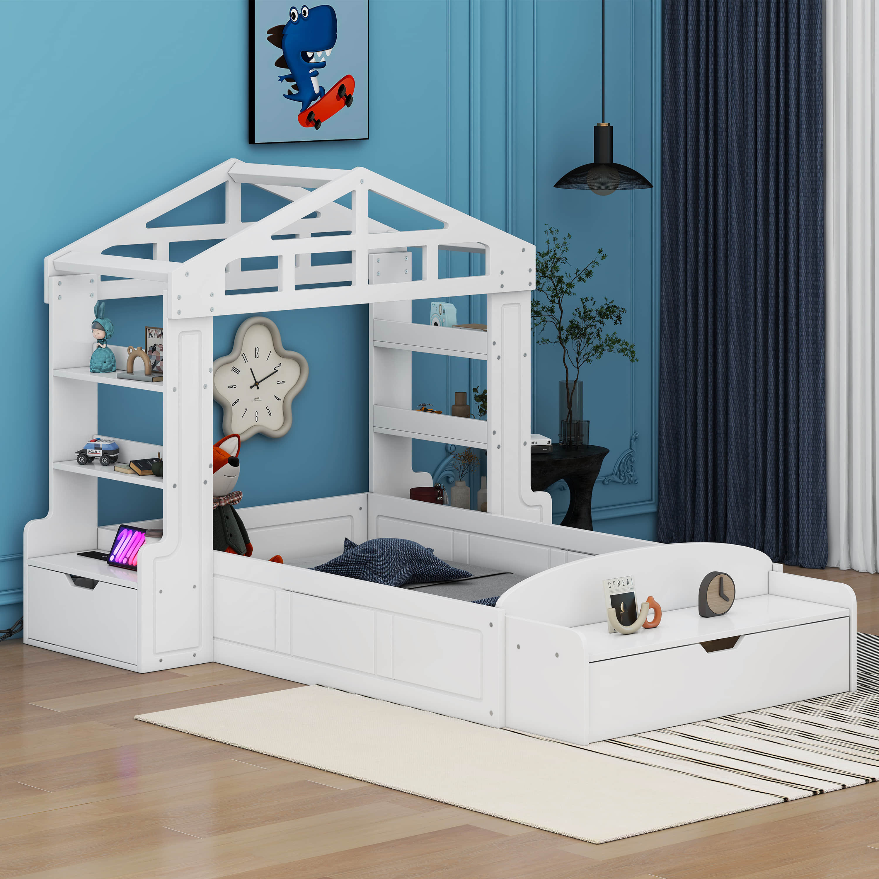 Latitude Run® Twin Size House Bed With Bench, Socket And Shelves ...