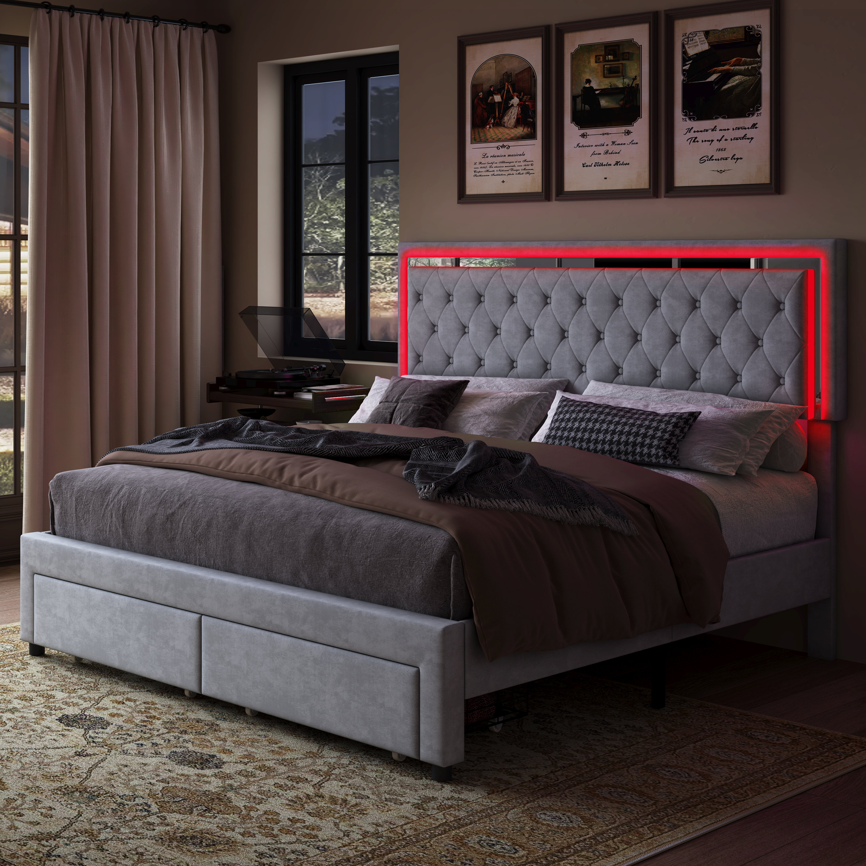 Wade Logan® Bed Frame with Two Storage Drawers & LED Headboard Acrylic ...
