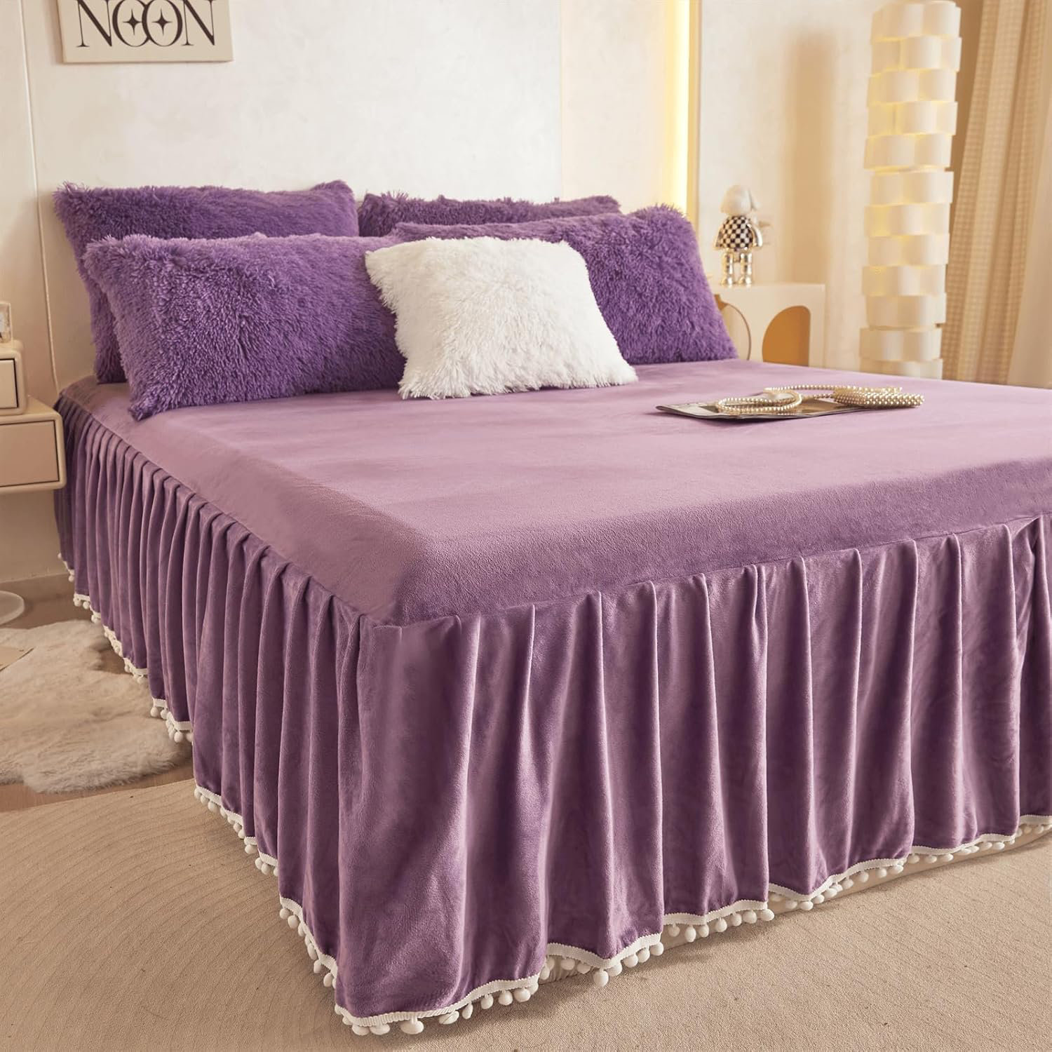 RAPTIZ Pom Pom Velvet Bed Skirt, 22 Inch Drop Dust Ruffle Bed Skirt ...