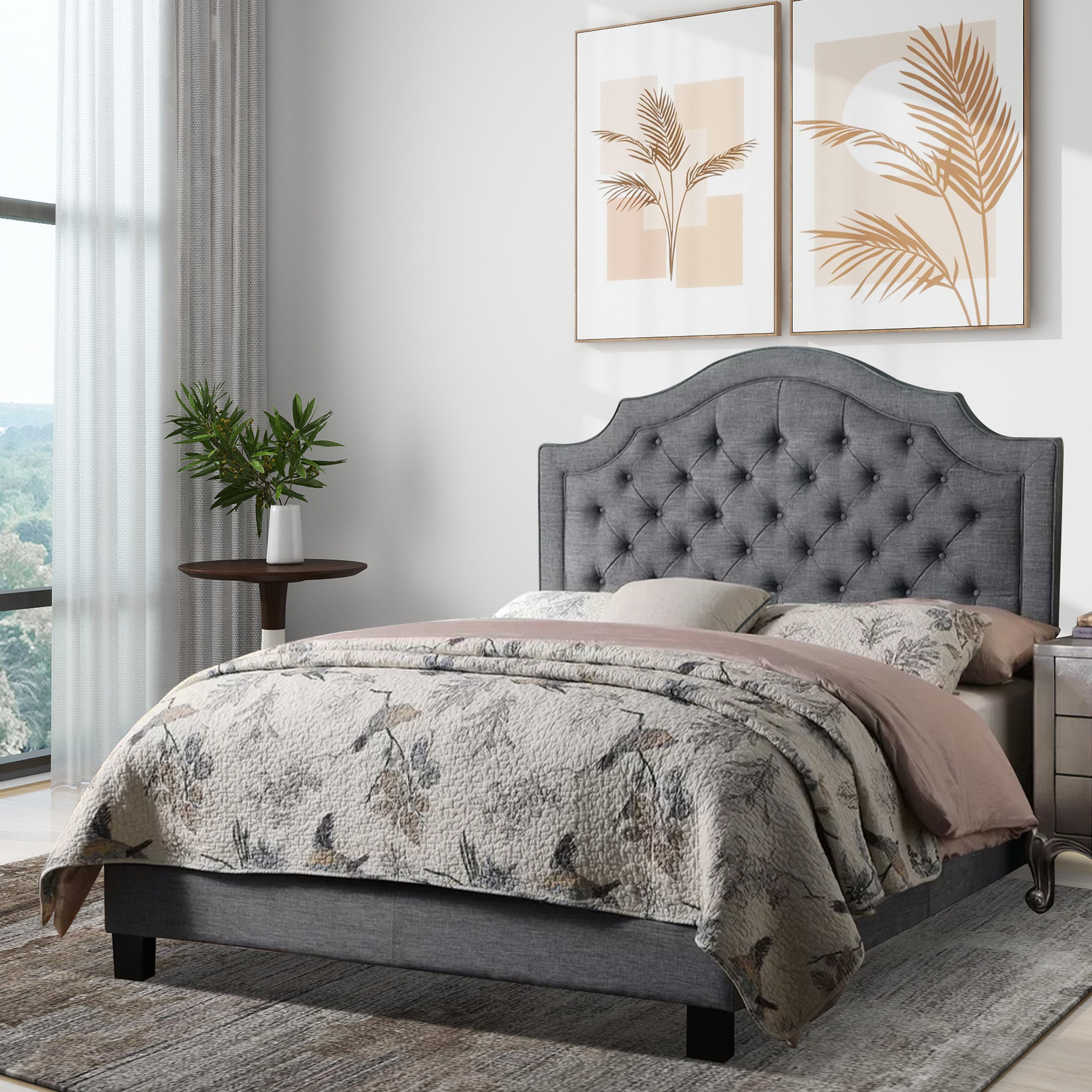 Lark Manor™ Linen Upholstered Bed with Adjustable Headboard and Button ...