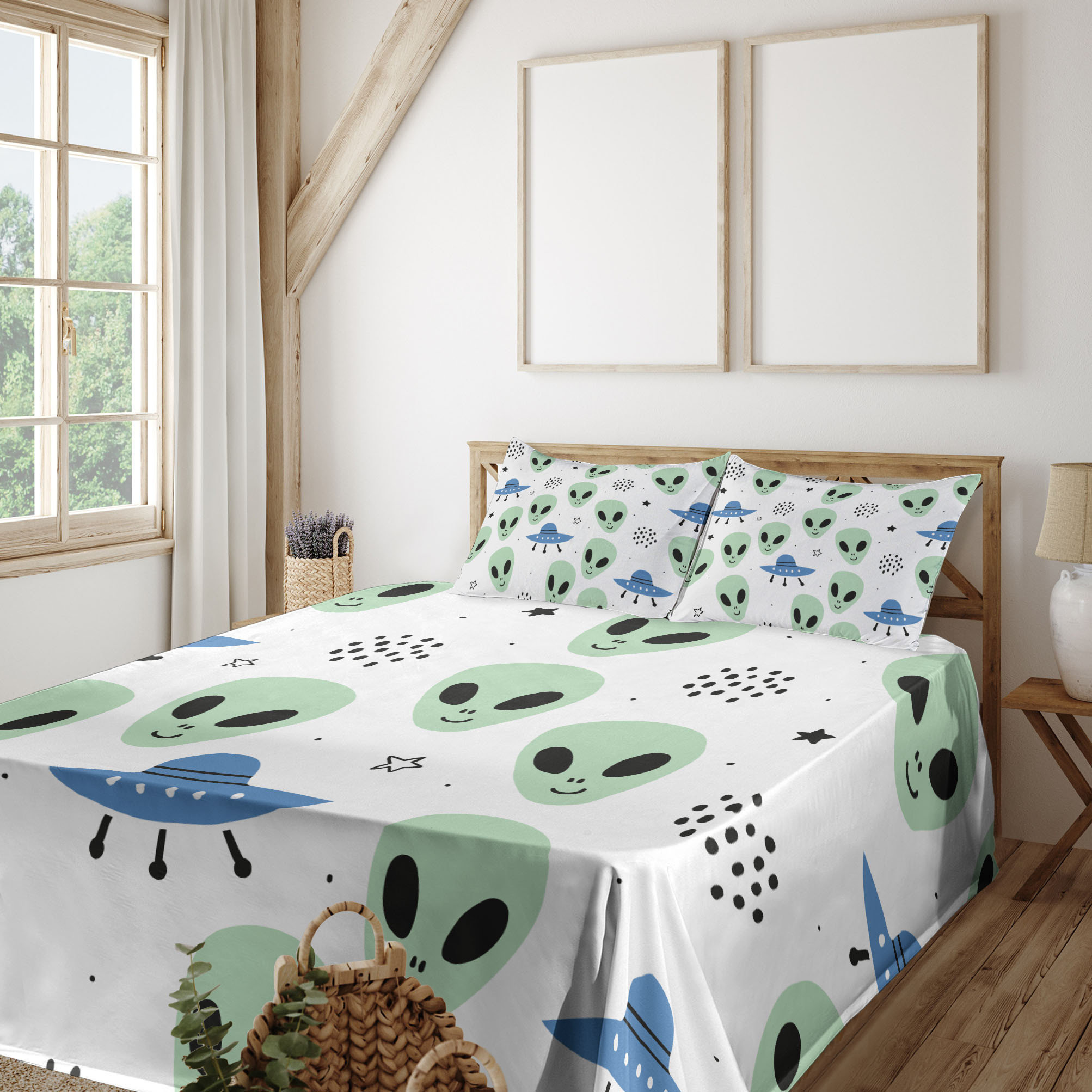 Ambesonne Alien Sheet Set UFO Extraterrestrial Faces Mint Green Blue ...