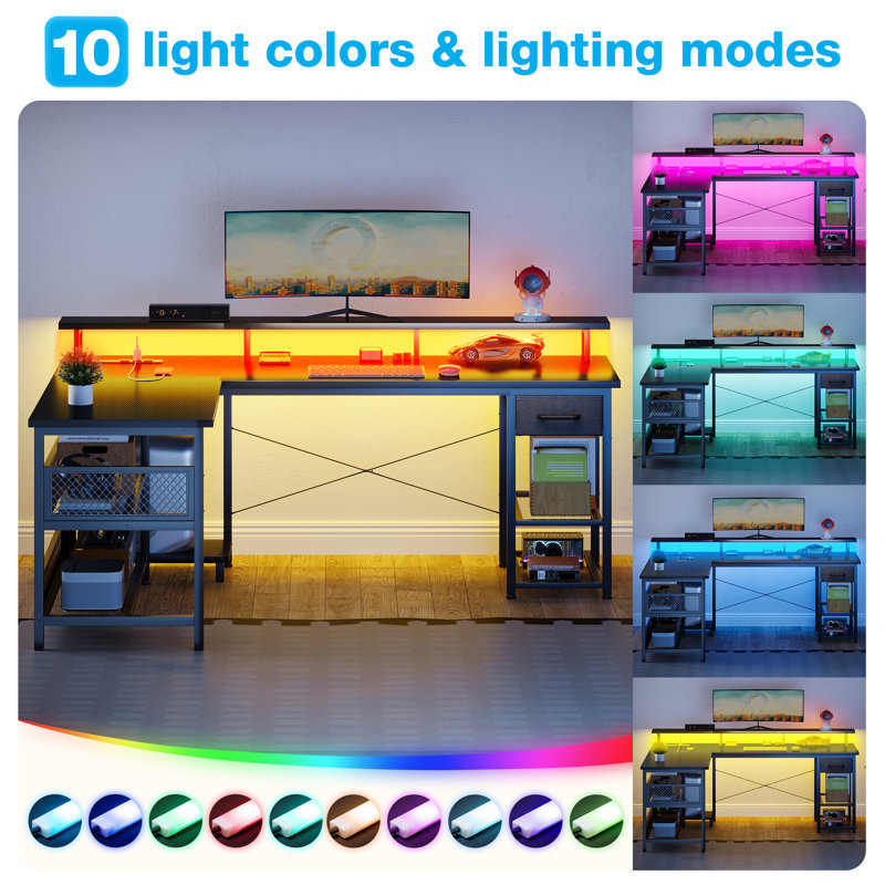 Inbox Zero Reversible Desk With Iron Shelves, Gaming Desk With Led ...