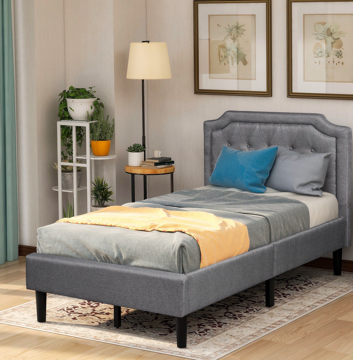 GZMWON Upholstered Scalloped Linen Platform Bed Frame with Headboard ...