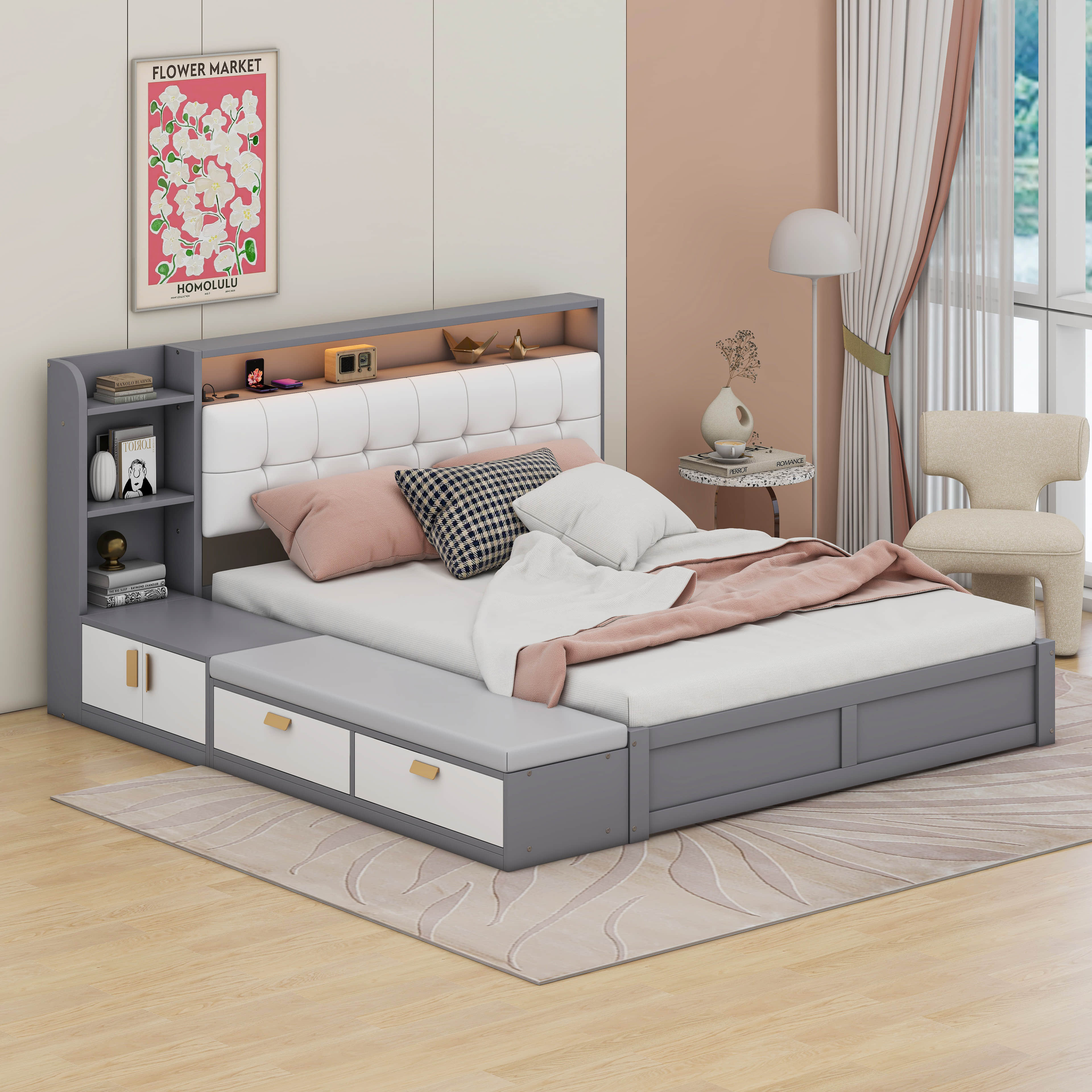 Cosmic Queen Size Platform Bed Frame With Shelves and USB Charging ...