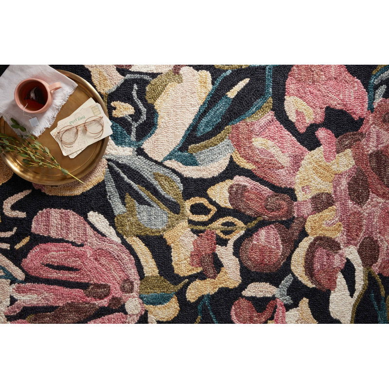 Wildon Home® Odea Floral Hand Hooked Wool Area Rug in Black/Pink | Wayfair
